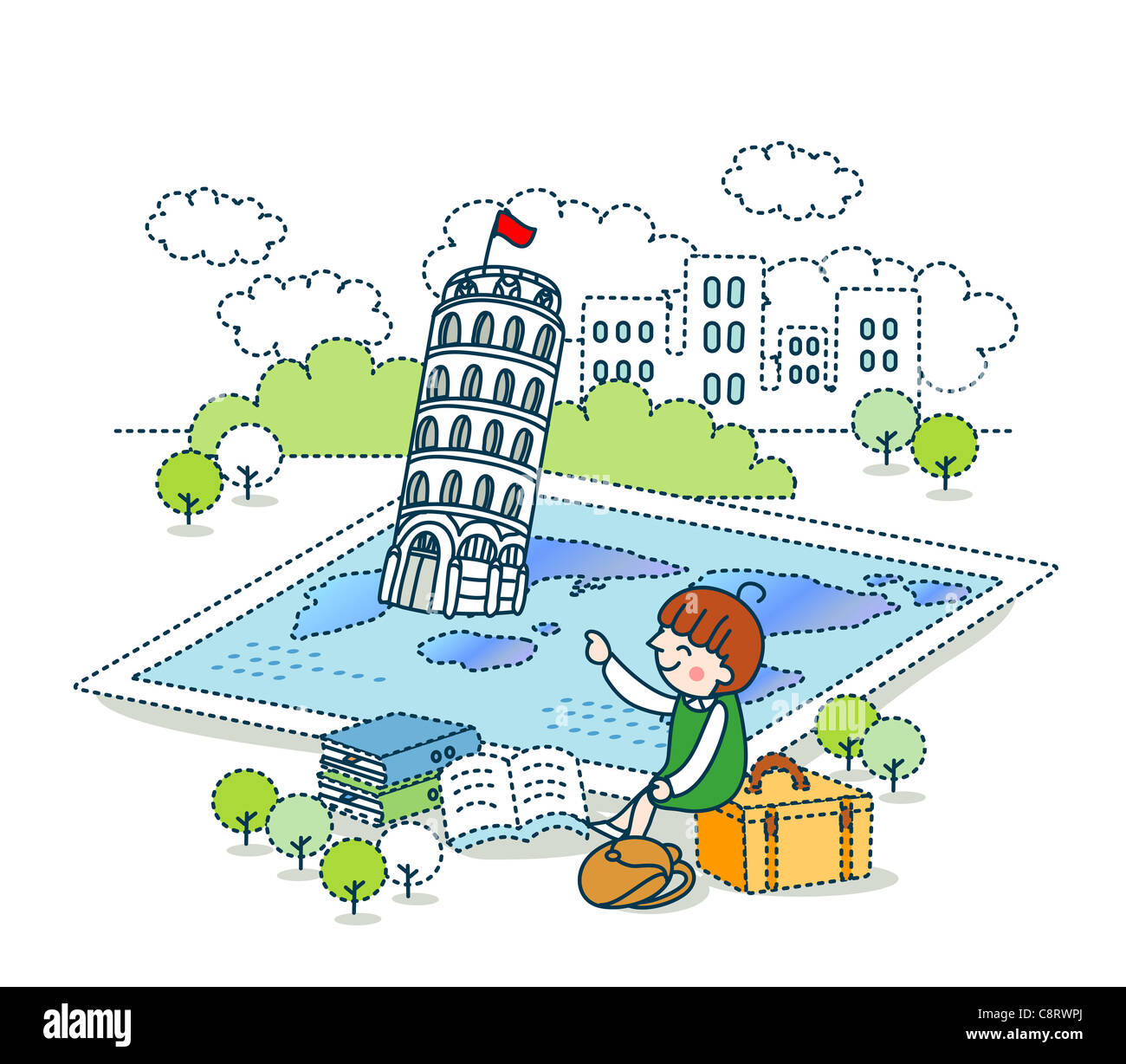 Illustration of a girl showing Leaning Tower Stock Photo - Alamy