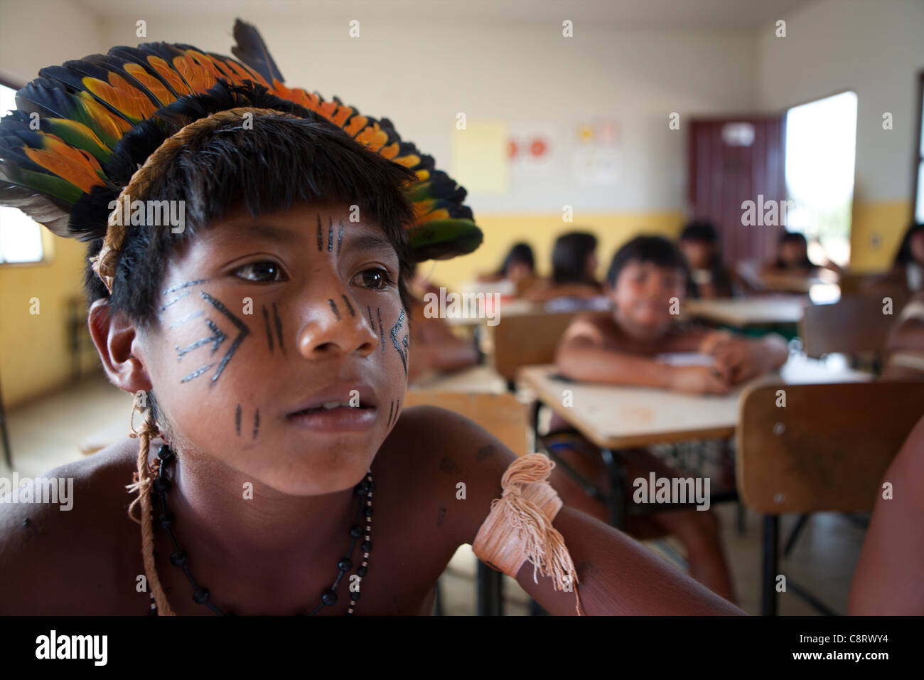 school for the Xingu indians in the Amazone, Brazil Stock Photo - Alamy