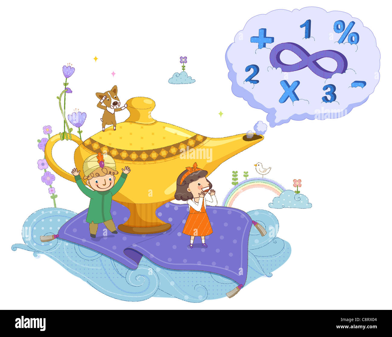 Magical Lamp And Children On Flying Mat Stock Photo - Alamy