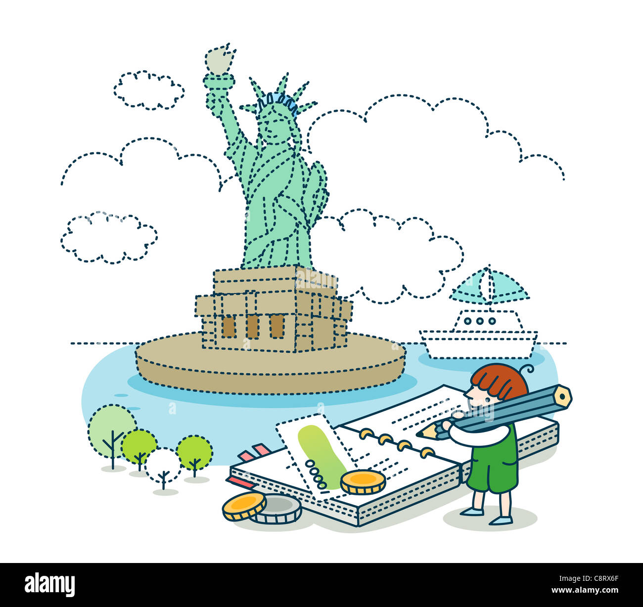 Illustration of a statue of liberty with a girl writing in book Stock ...