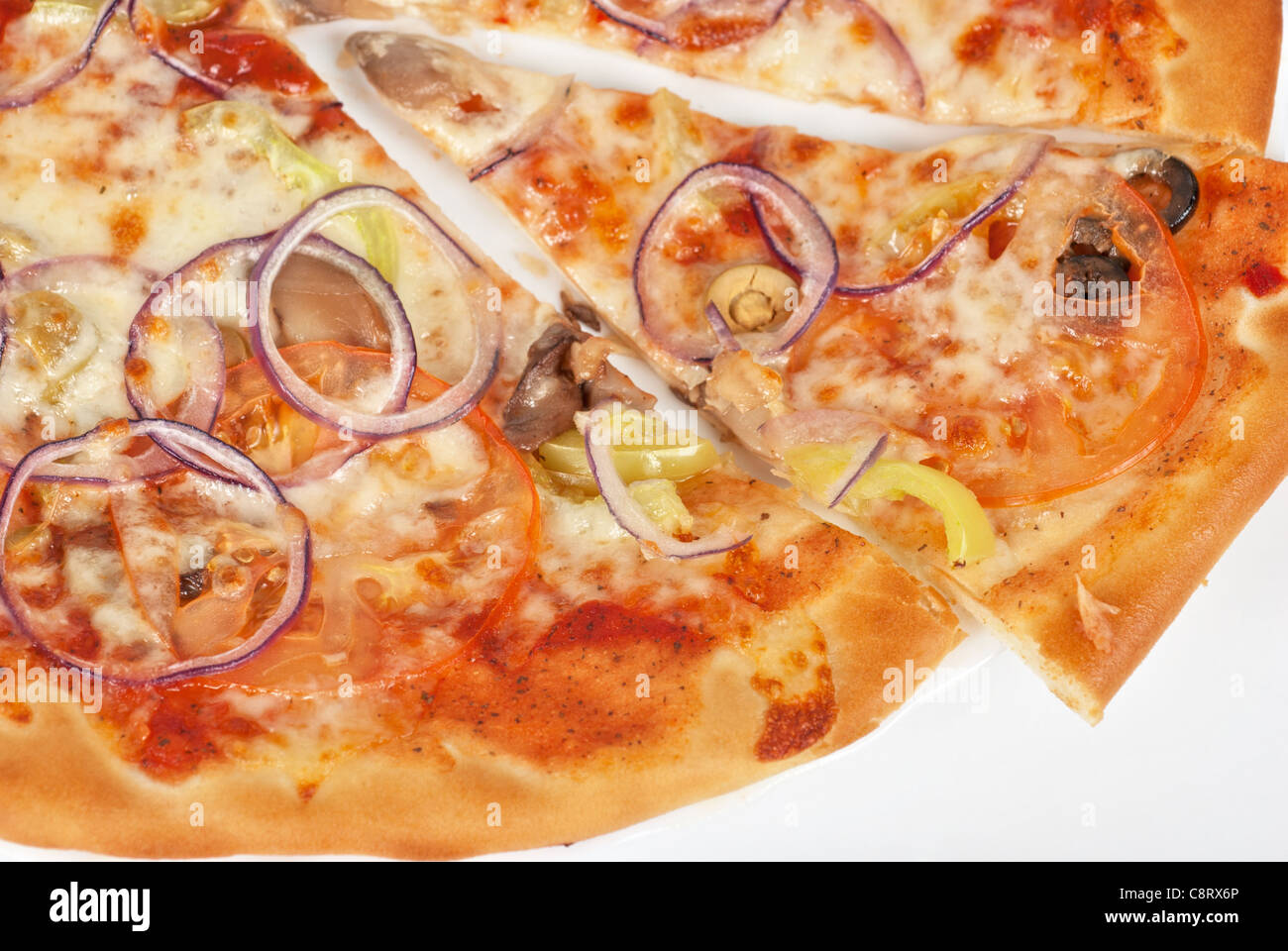 vegetable pizza closeup with tomato, Bulgarian pepper, onion, olive ...