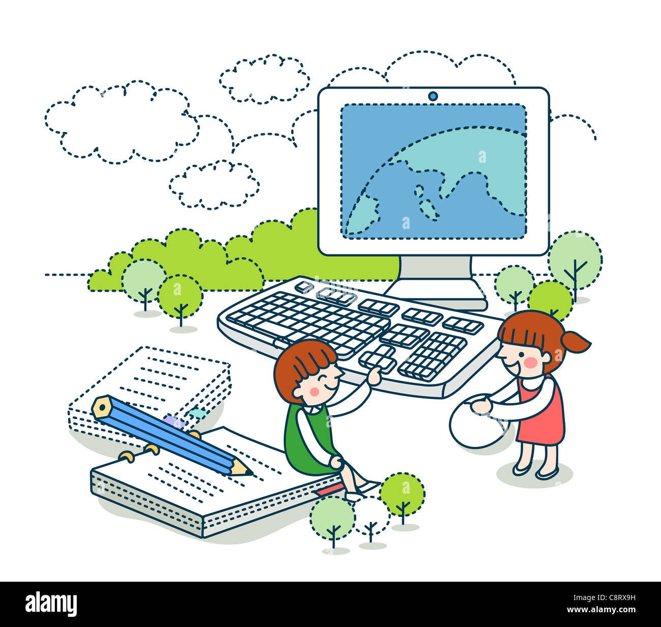 Illustration of friends against computer with book Stock Photo - Alamy