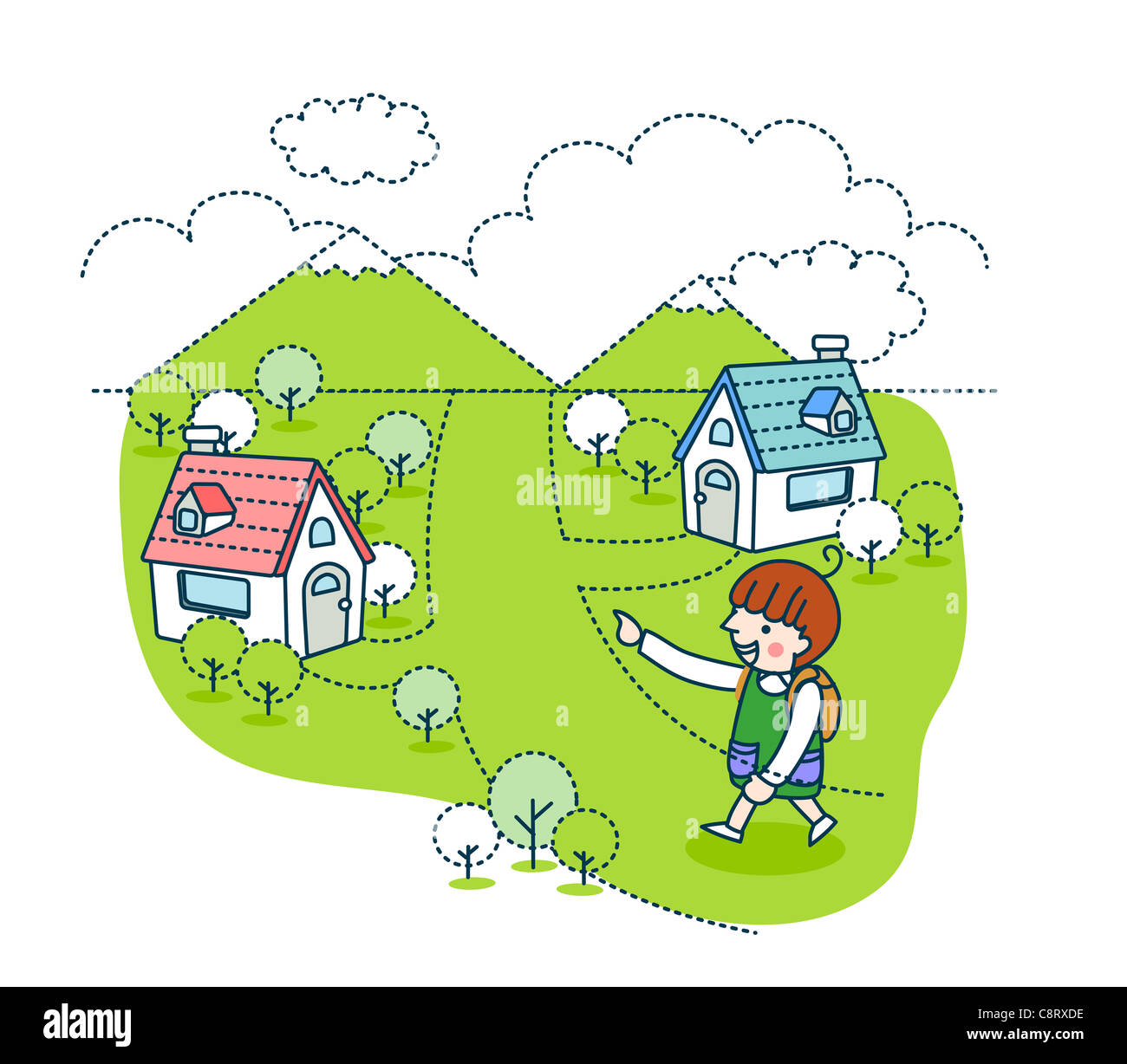 Illustration of a girl pointing at houses against mountain Stock Photo ...