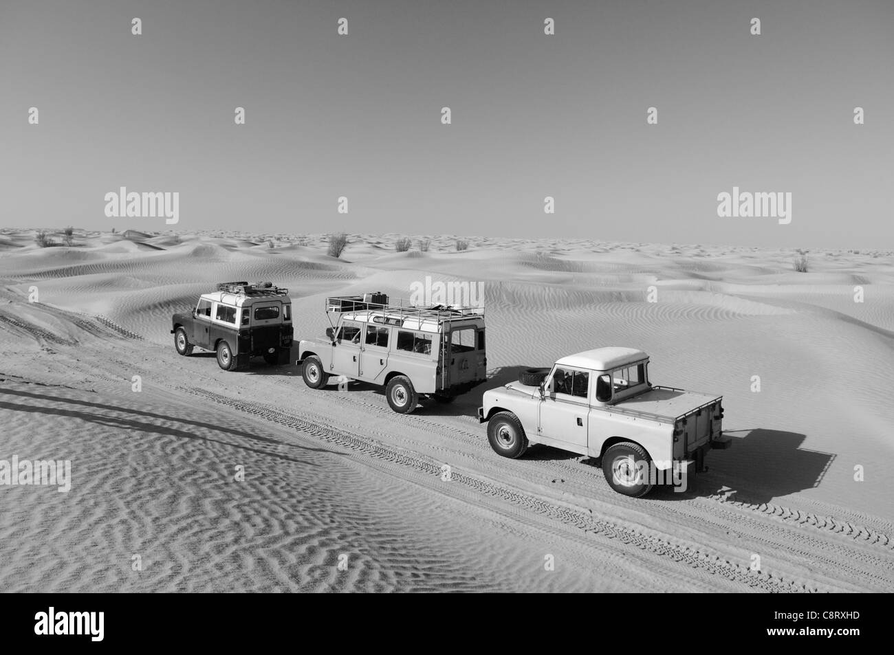 Africa, Tunisia, nr. Tembaine. Three historic Series Land Rovers ...
