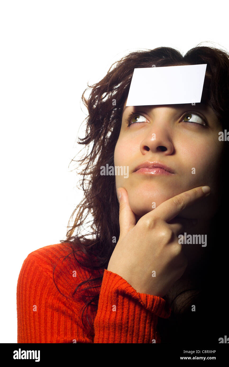 Woman with Card on Her Forehead Stock Photo - Alamy