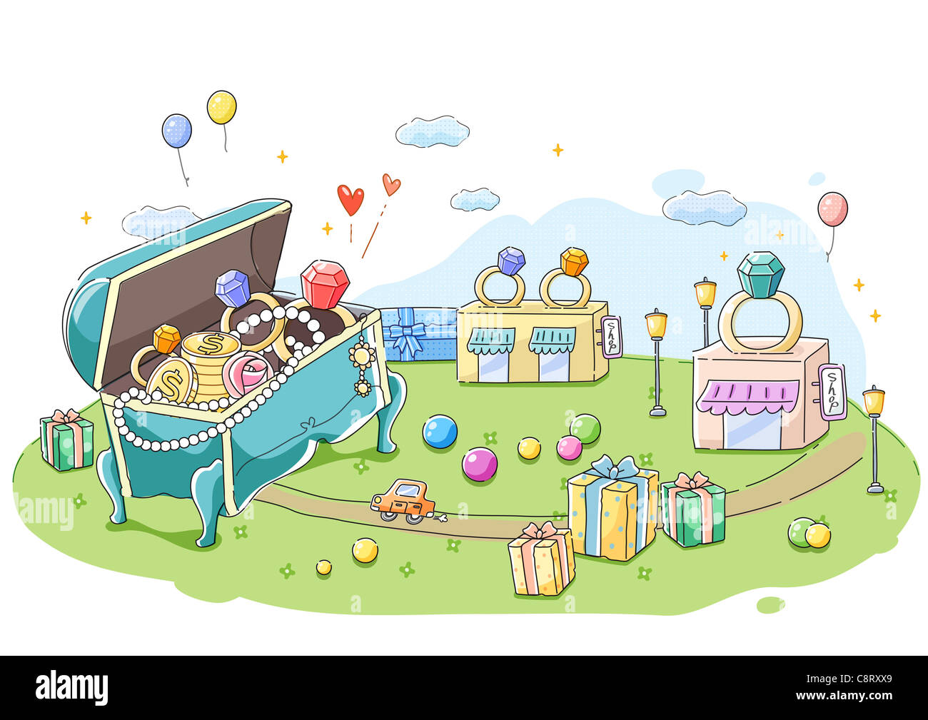 Illustration of treasure chest with gift and surprises Stock Photo - Alamy