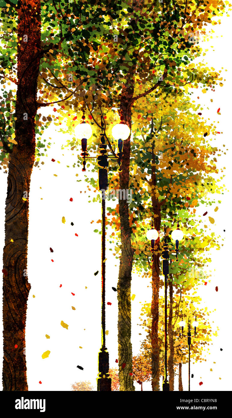 Autumn Tree And Street Light Stock Photo - Alamy