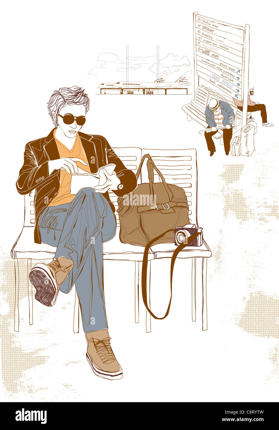 Illustration of men waiting at bus stop Stock Photo - Alamy
