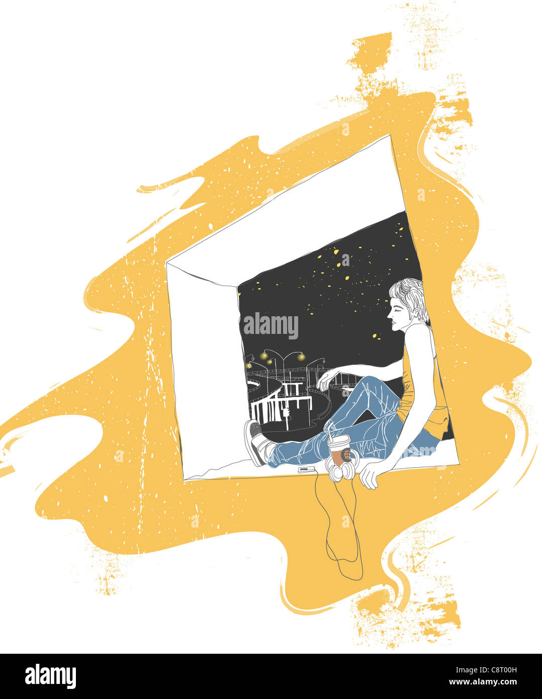 Illustration of man sitting at window Stock Photo - Alamy