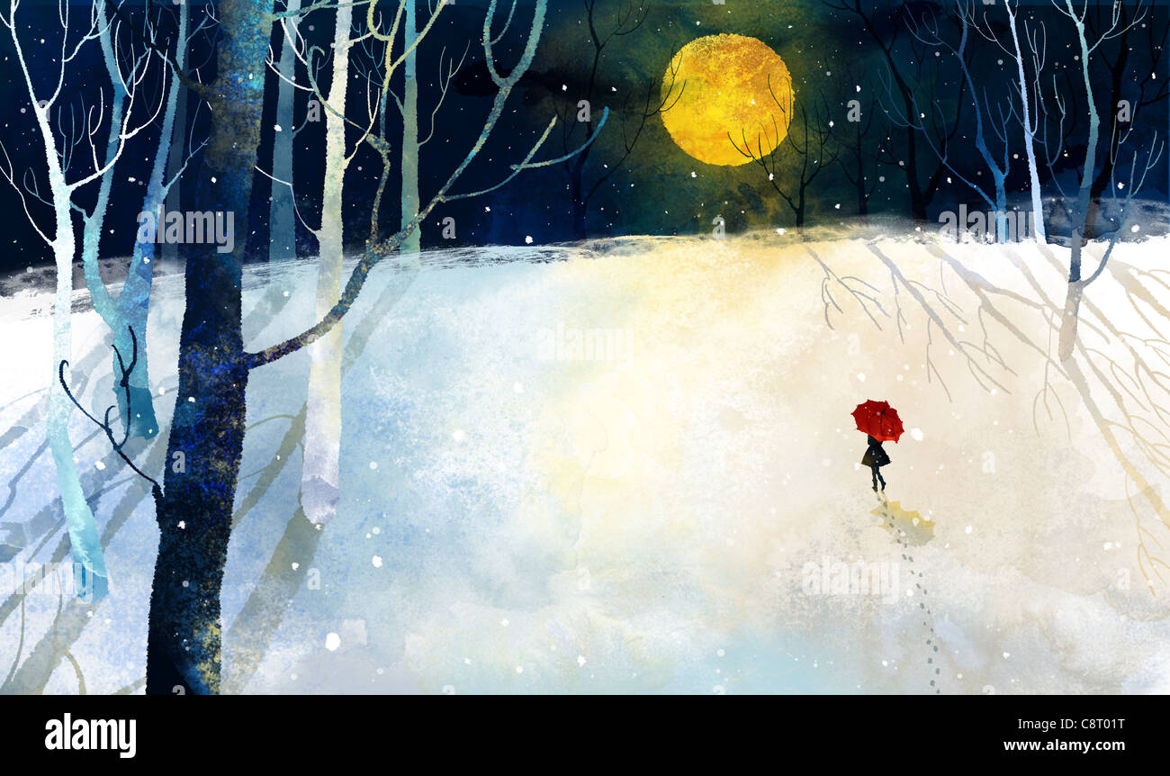 Snow Landscape In Full Moon At Night Stock Photo - Alamy
