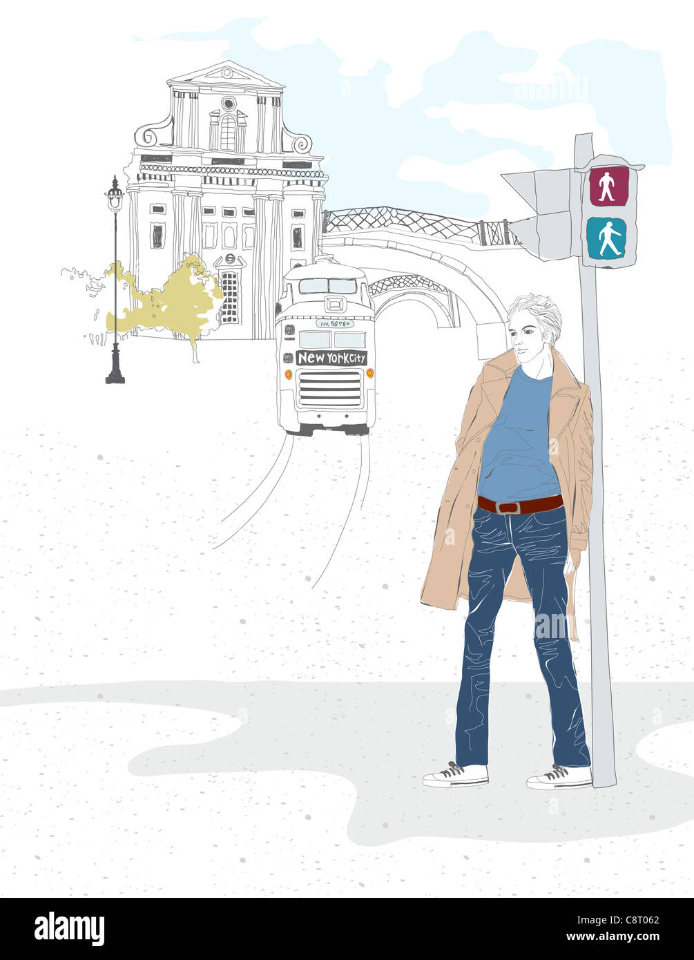 Illustration of boy waiting for train Stock Photo - Alamy