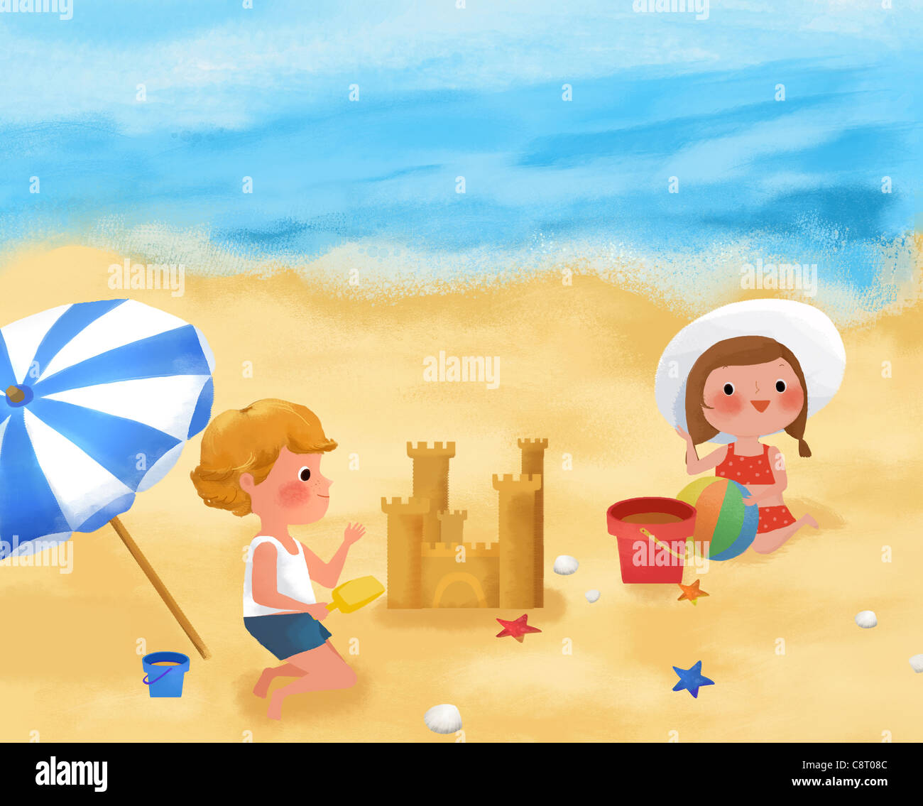 Boy And Girl Making Sand Castle Stock Photo - Alamy