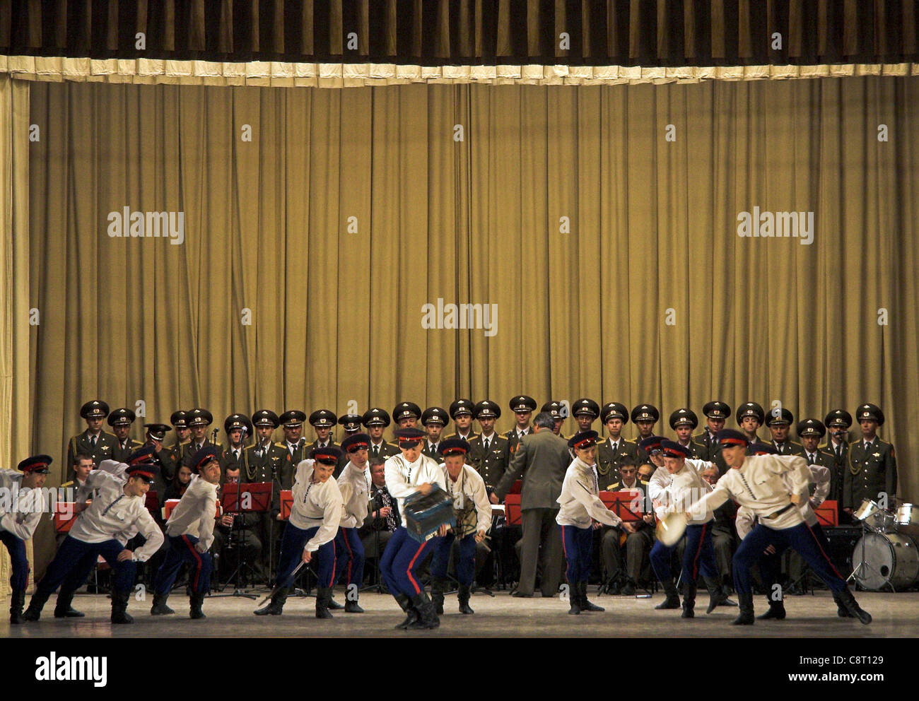 Traditional Russian folk dancing performance, on stage, St Petersburg ...