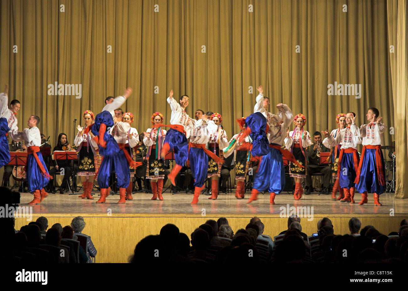 Traditional Russian folk dancing performance, on stage, St Petersburg ...