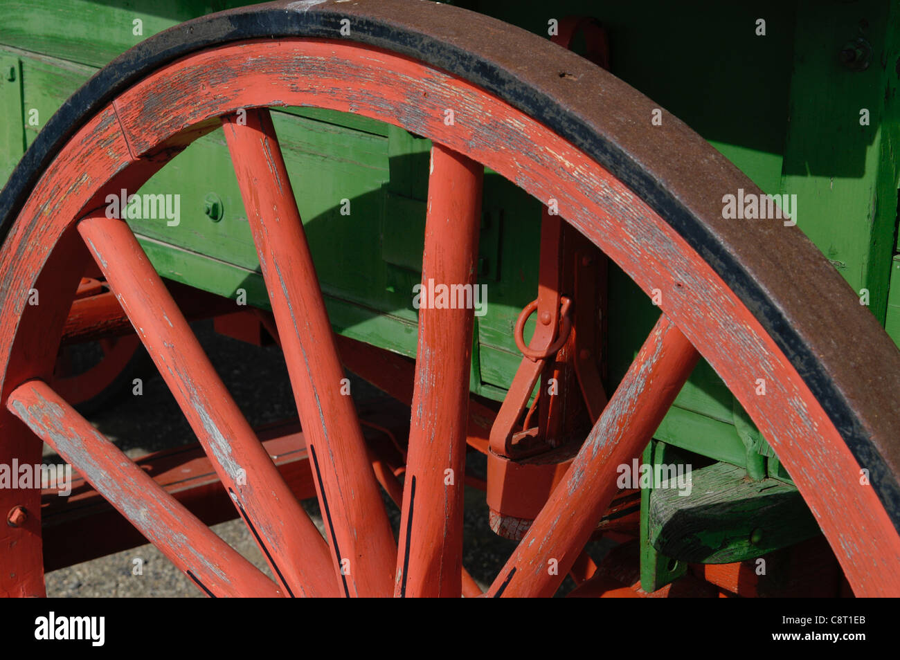 Detail of the wheel on an old buck board at the old railway station ...