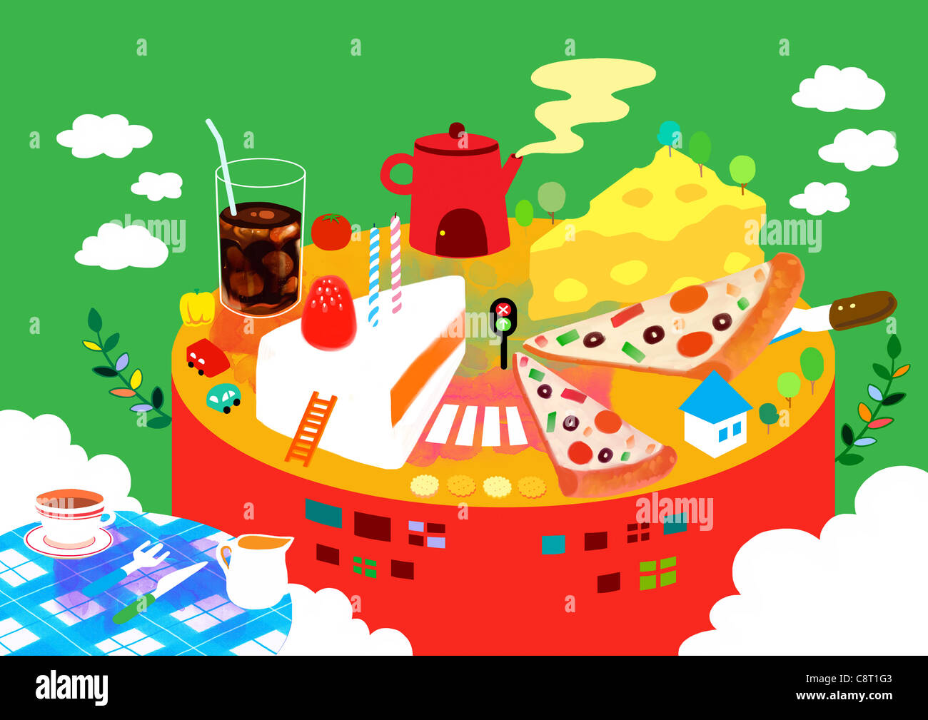 Pizza, Cake, Cheese Slice With Cold Drink Stock Photo - Alamy