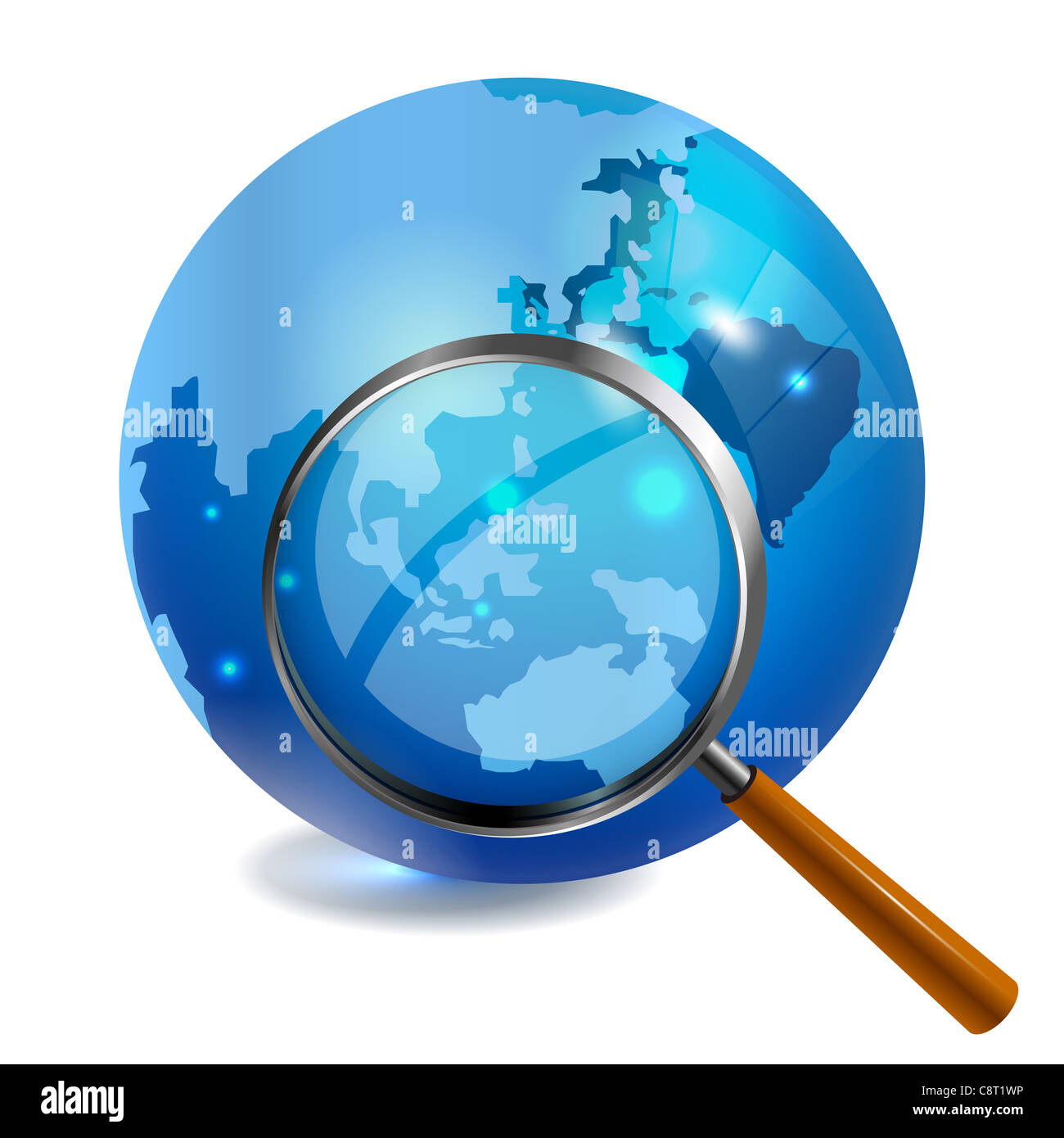Illustration of magnifying glass on globe Stock Photo - Alamy