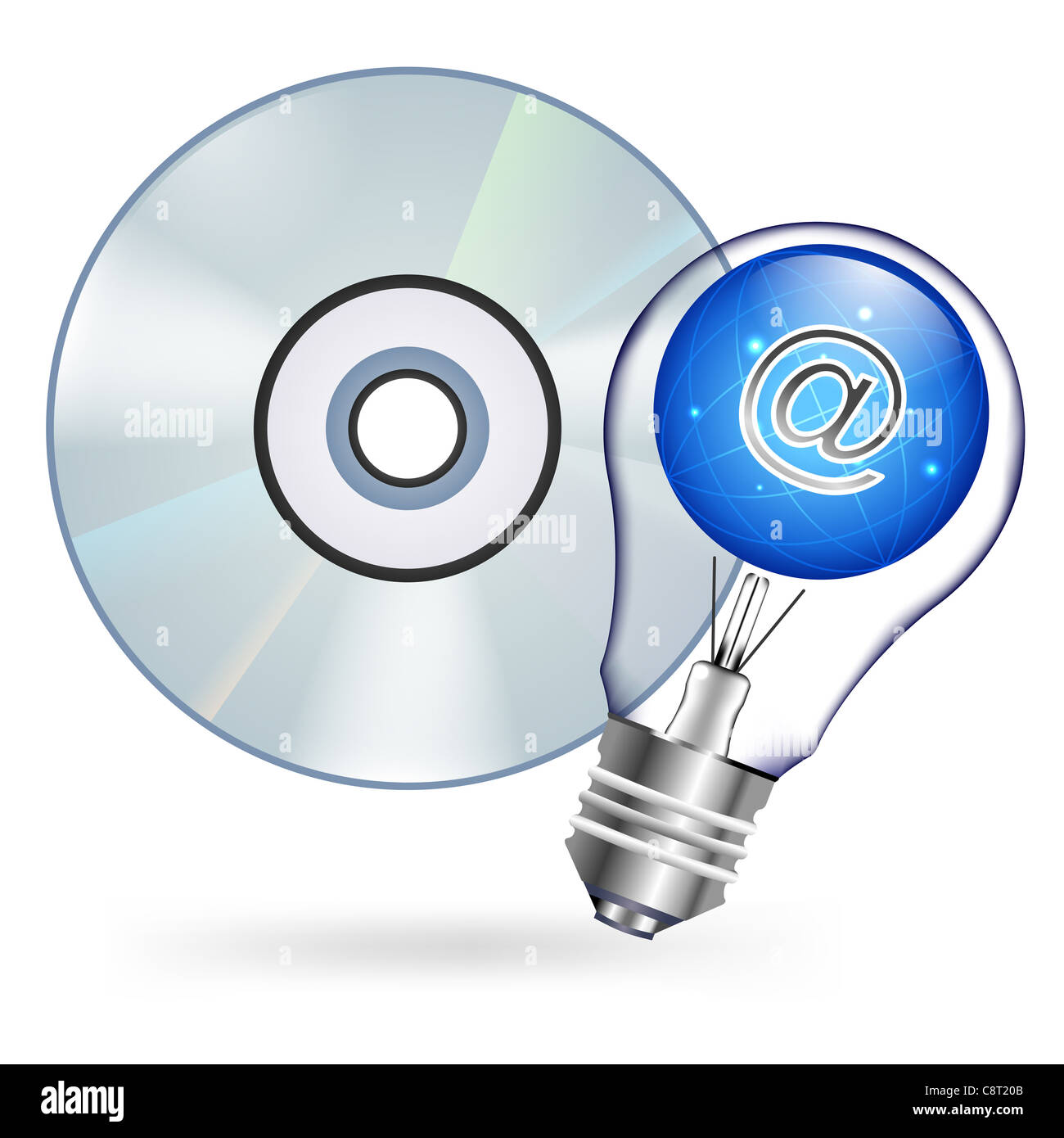 Illustration of bulb with 'at' symbol and compact disk Stock Photo - Alamy