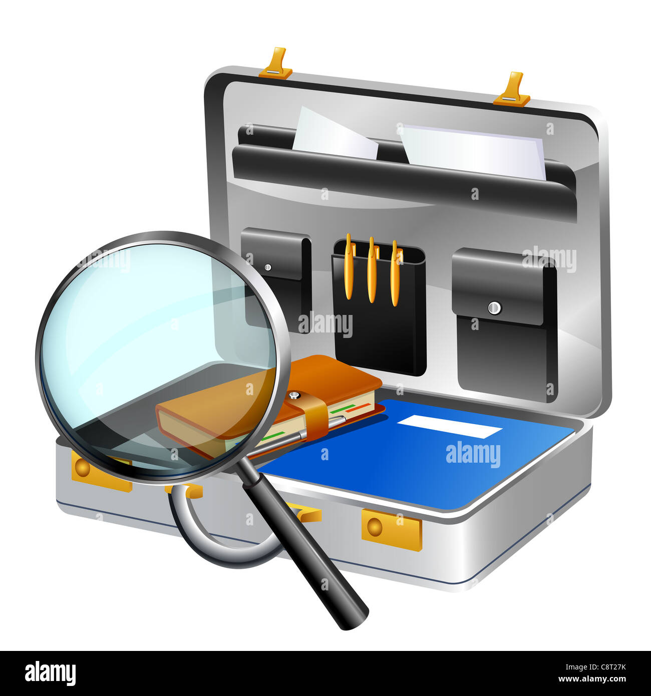 Illustration of magnifying glass and briefcase Stock Photo - Alamy
