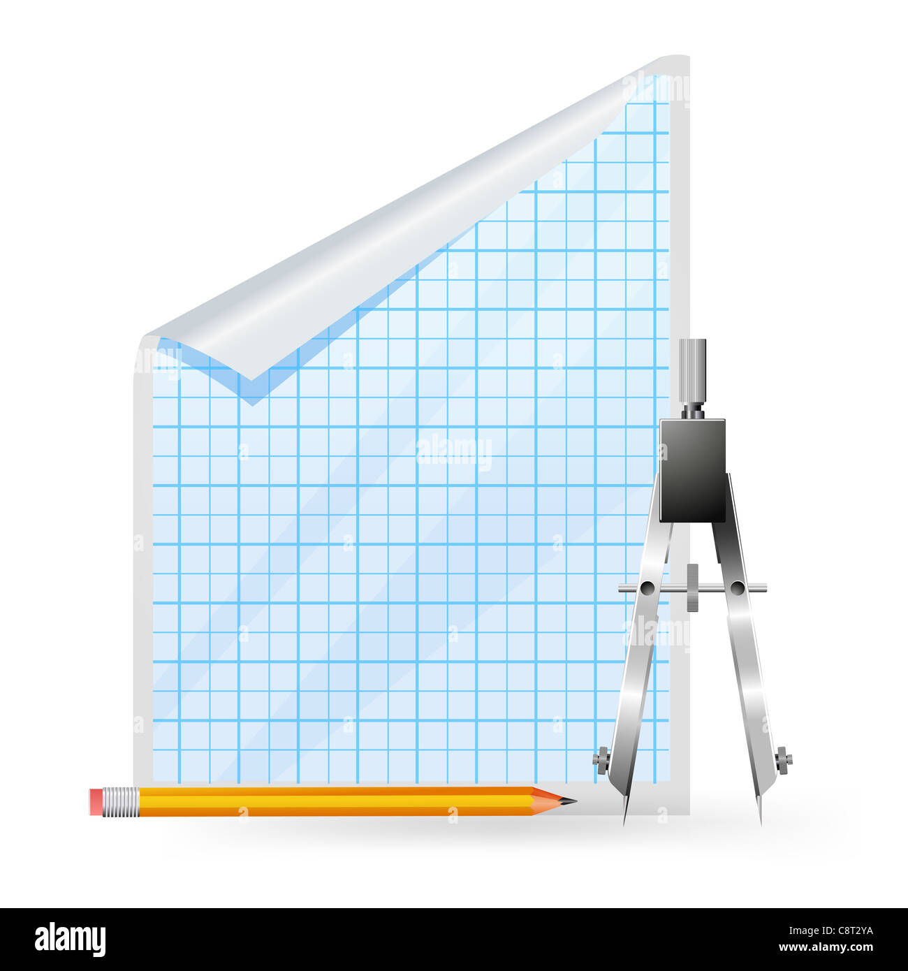 Illustration of graph paper, compass and pencil Stock Photo - Alamy
