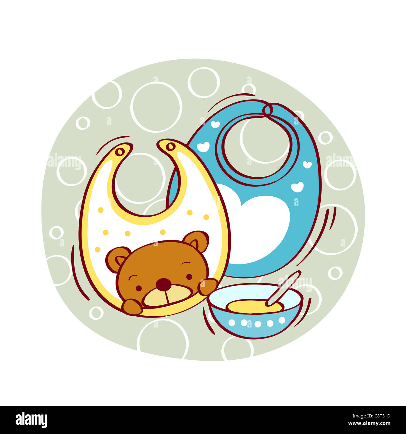 Illustration of baby napkin with baby food Stock Photo - Alamy