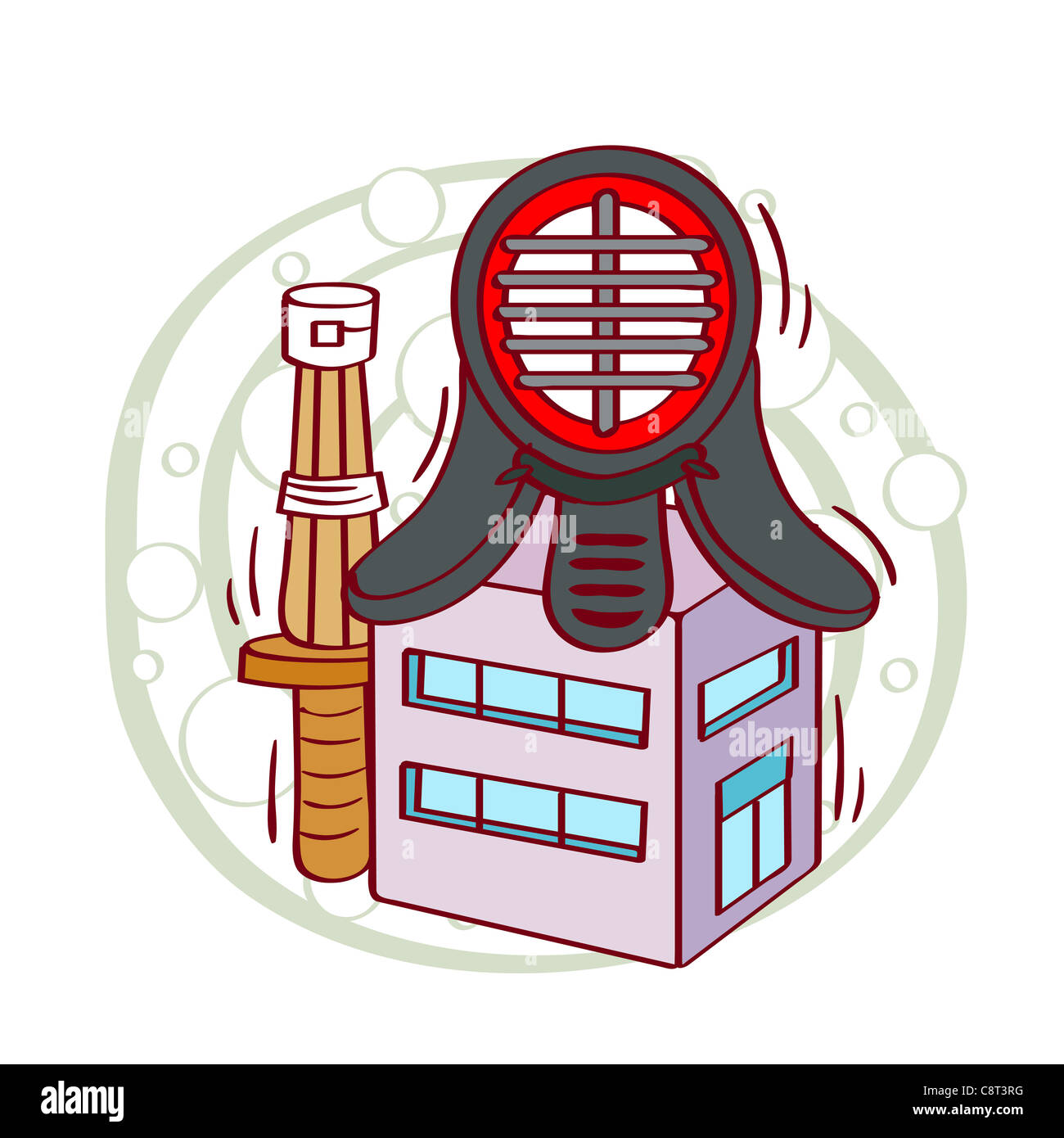 Illustration of fencing mask on building with wooden sword Stock Photo ...