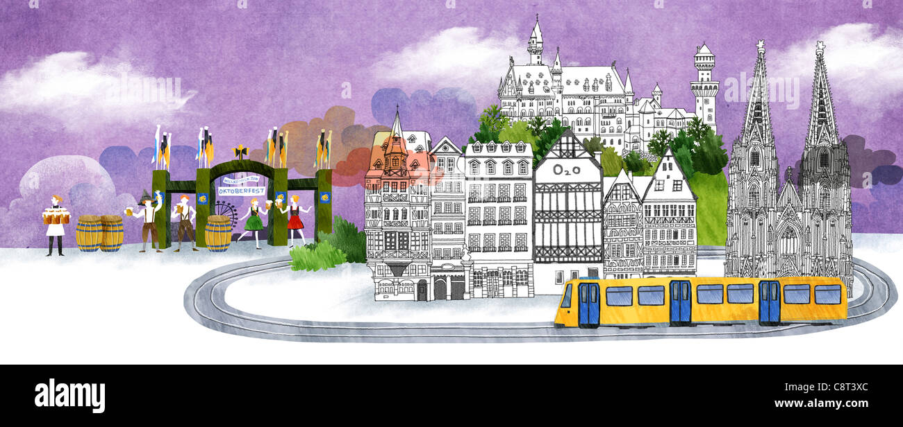 Train Moving Around Building Exterior Stock Photo - Alamy