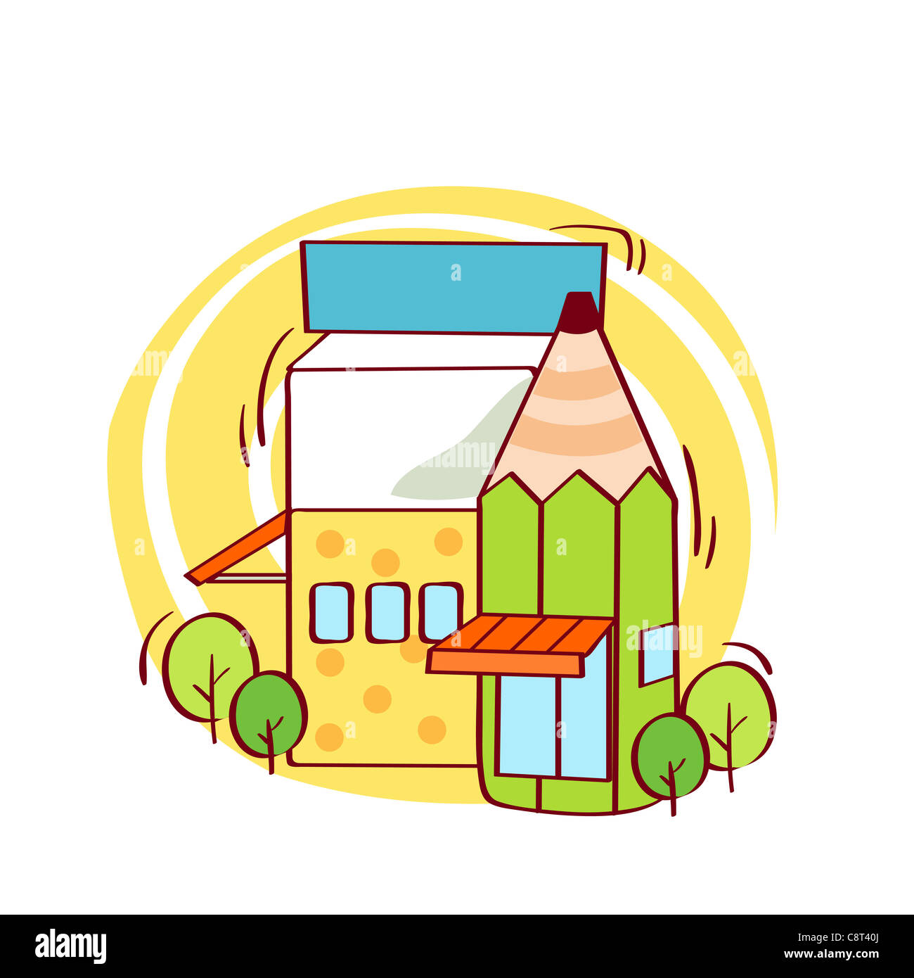Illustration of school building with pencil Stock Photo - Alamy