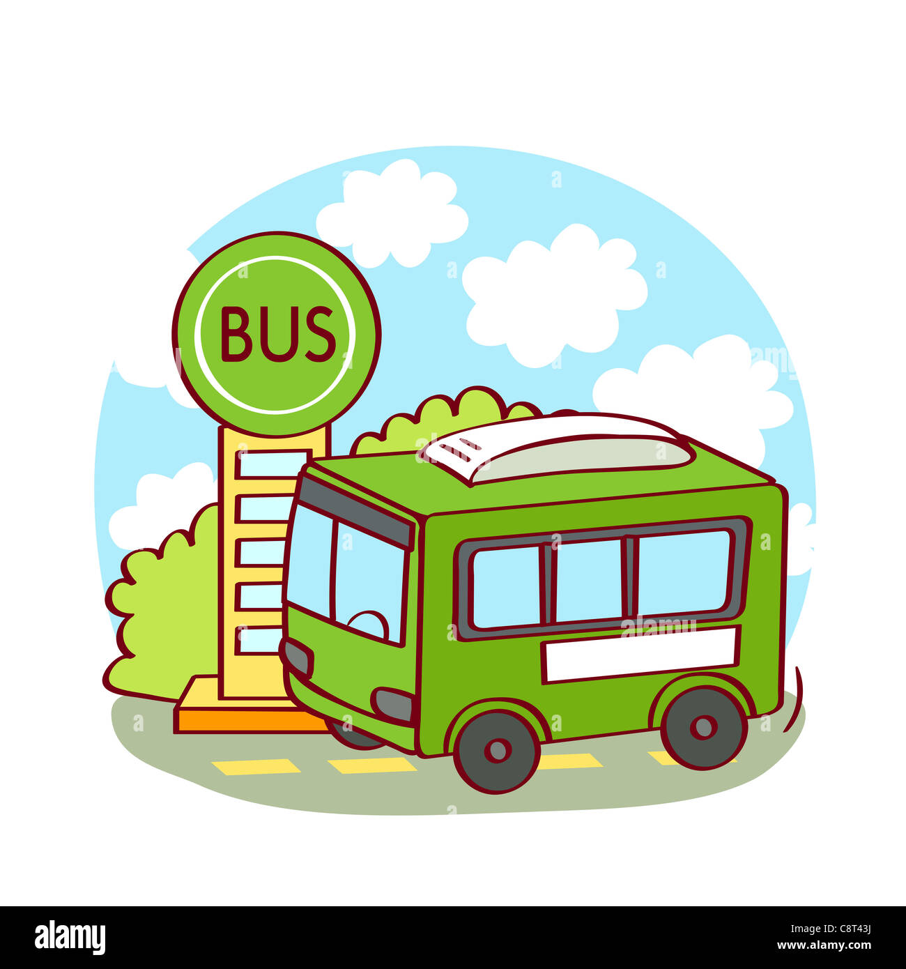 Illustration of bus stop and green bus Stock Photo - Alamy