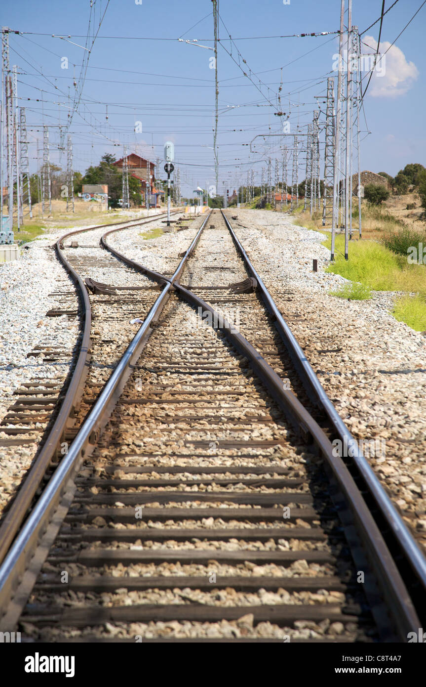 railroad next to a rural railway station Stock Photo - Alamy