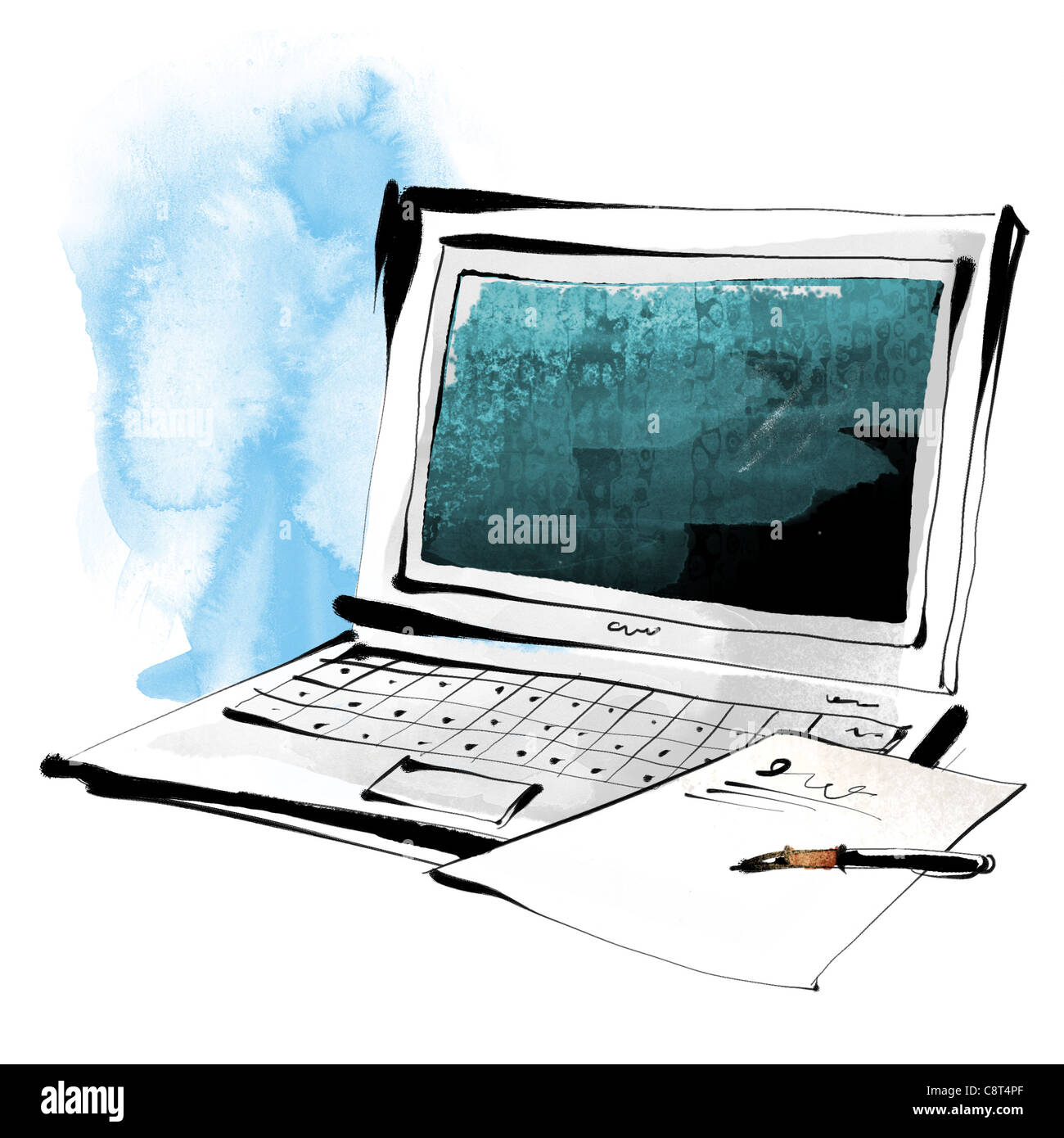 Laptop, Paper And Pen Stock Photo - Alamy