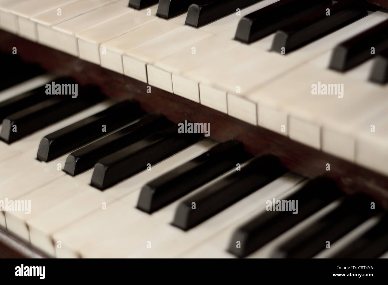 A pipe organs keyboard which is a religious instrument used in a Church ...
