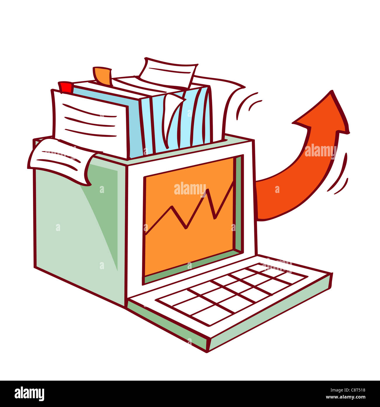 Illustration of computer and documents with arrow sign Stock Photo - Alamy