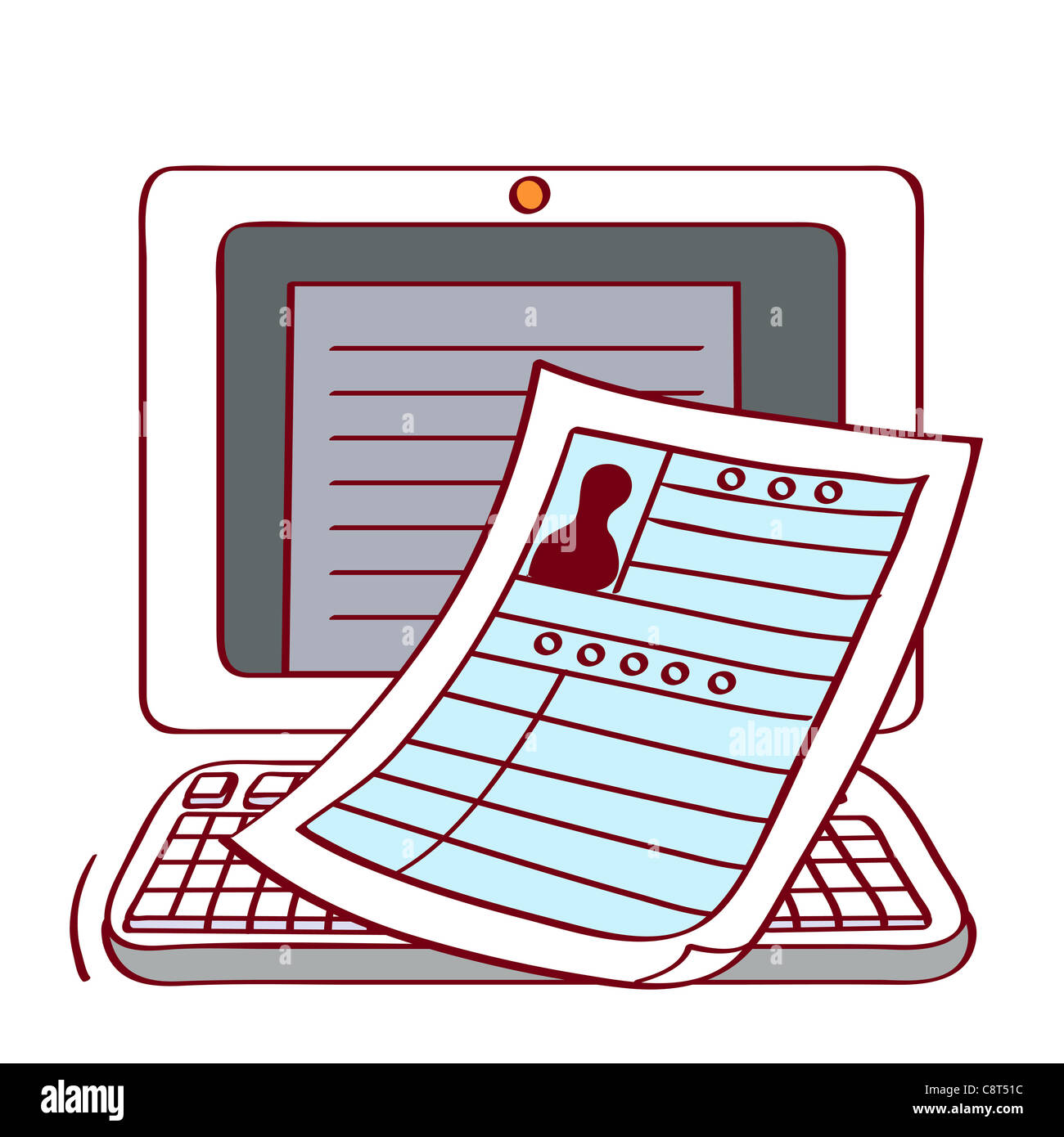 Illustration of computer with document against white background Stock ...
