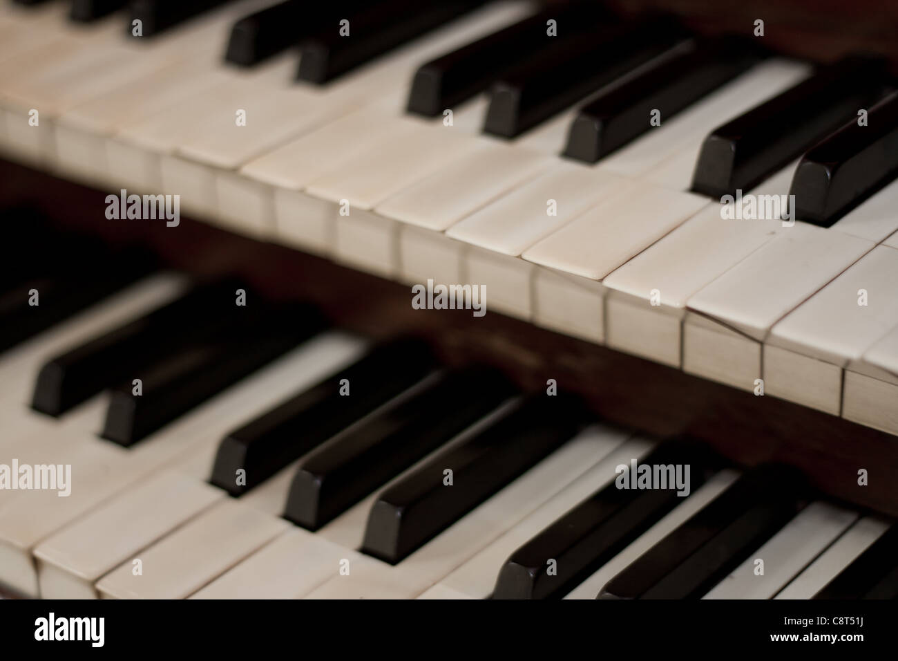 A pipe organs keyboard which is a religious instrument used in a Church ...