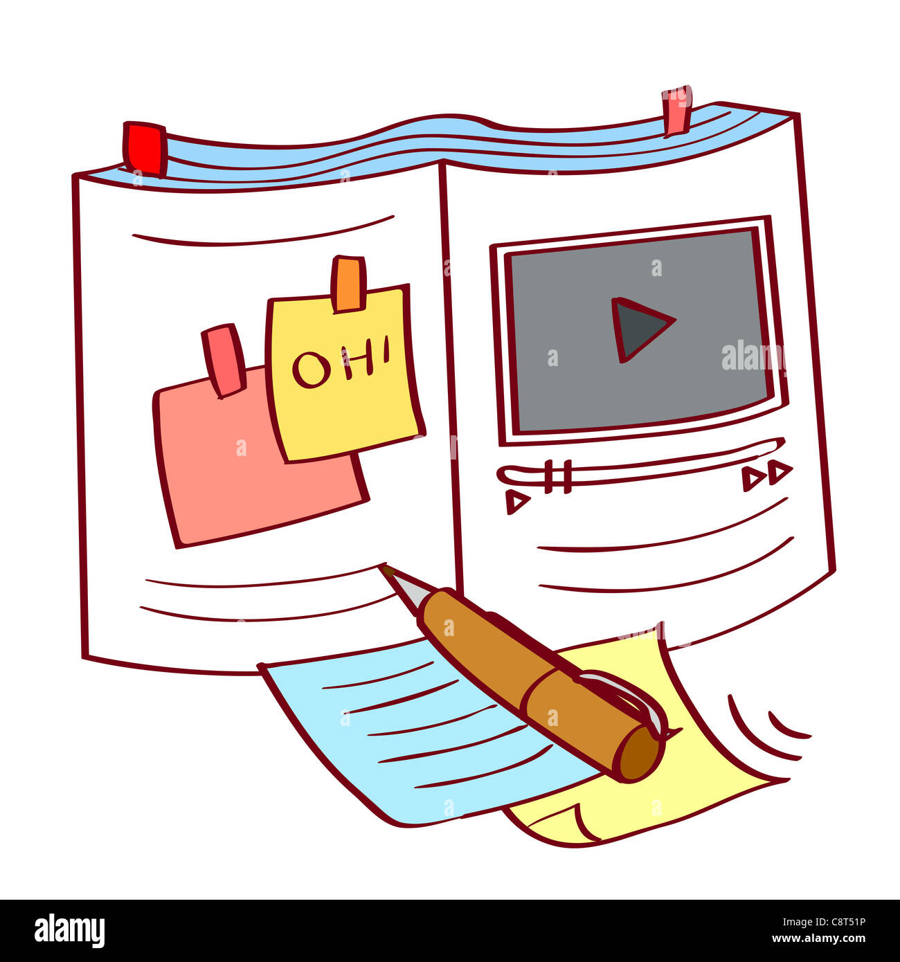 Illustration of sticky notes on book and pen against white Stock Photo ...