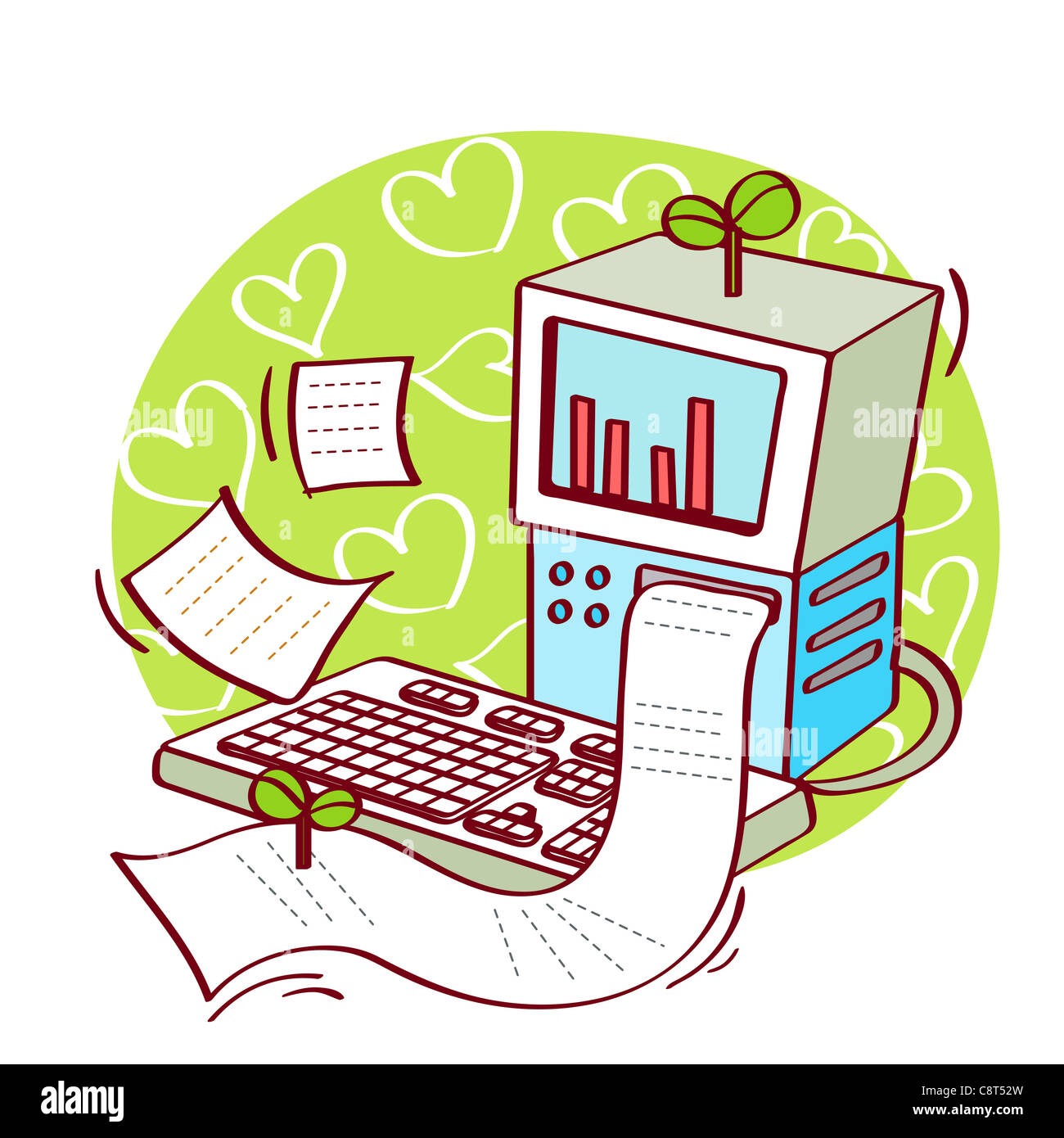 Illustration of computer with printer and documents Stock Photo - Alamy