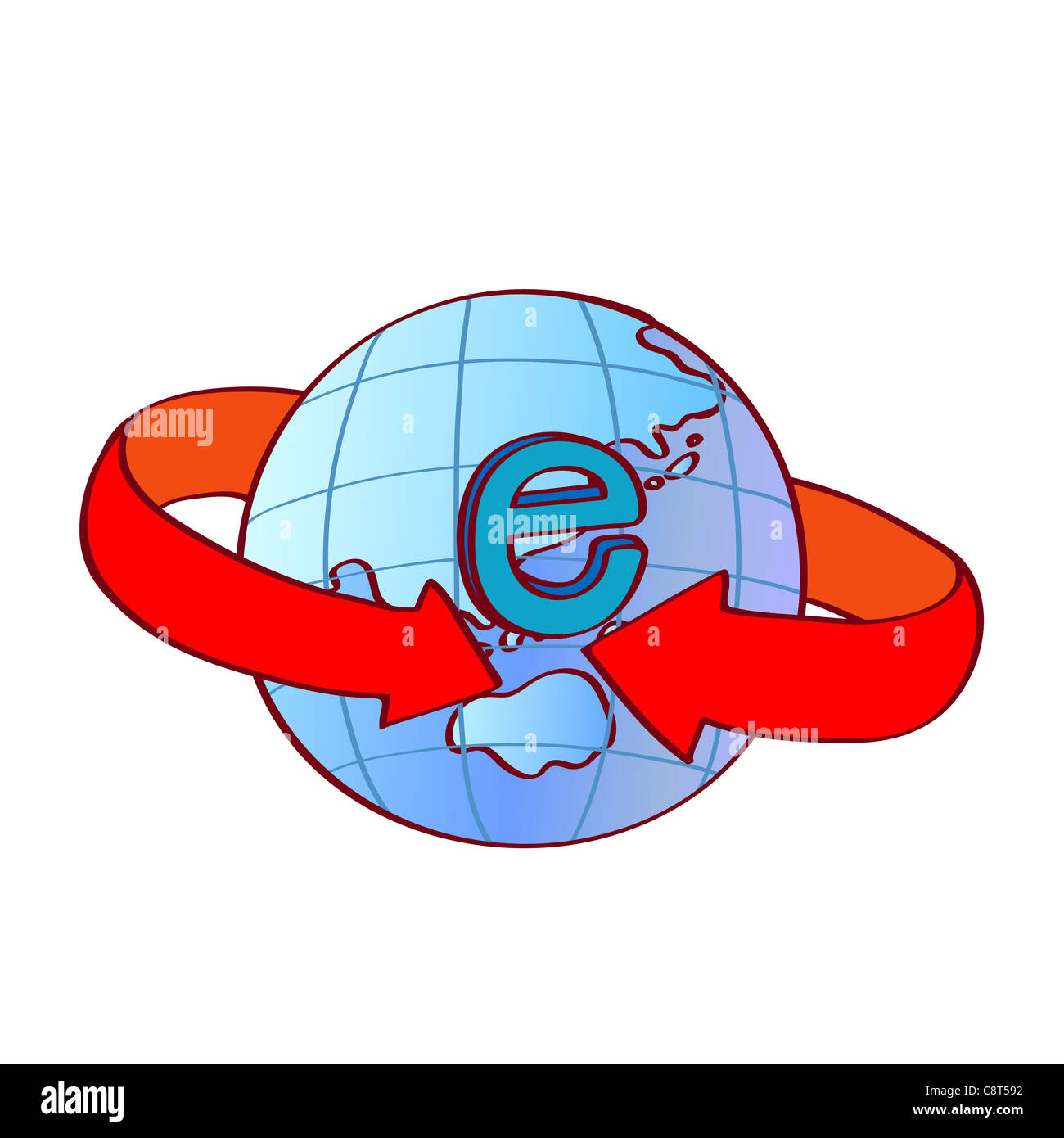 Illustration of globe surrounded by red arrow with letter e Stock Photo ...