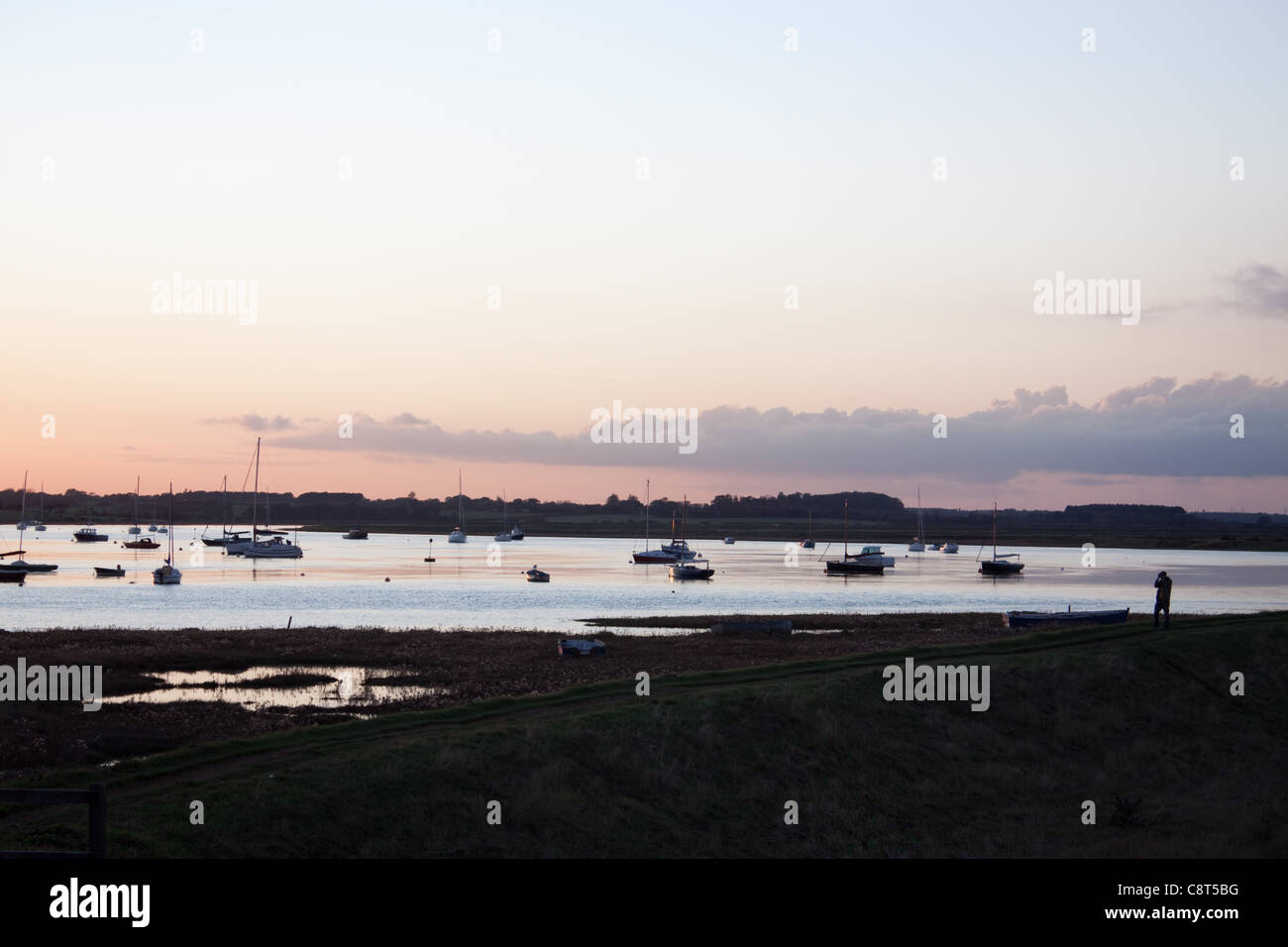 Boats and Yachts on the River Alde Estuary at dusk, Suffolk Stock Photo ...