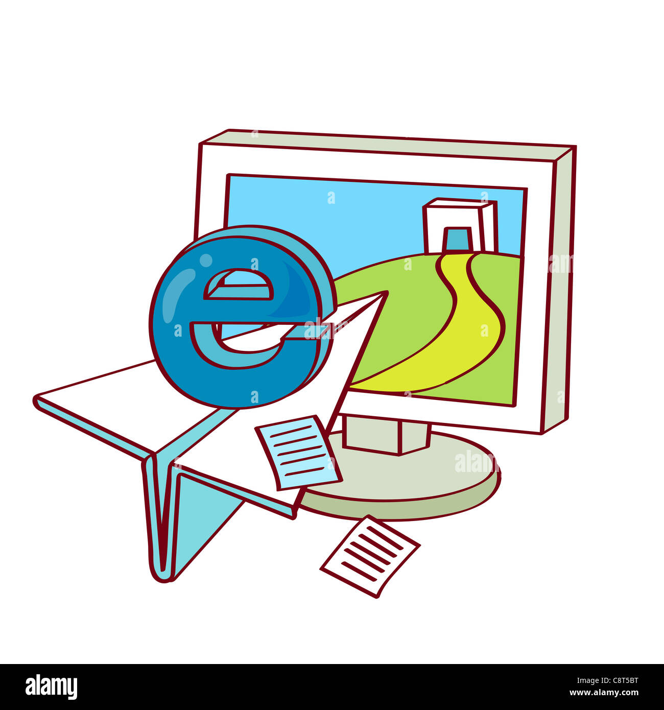 Concept of letter e on airplane flying towards computer Stock Photo - Alamy