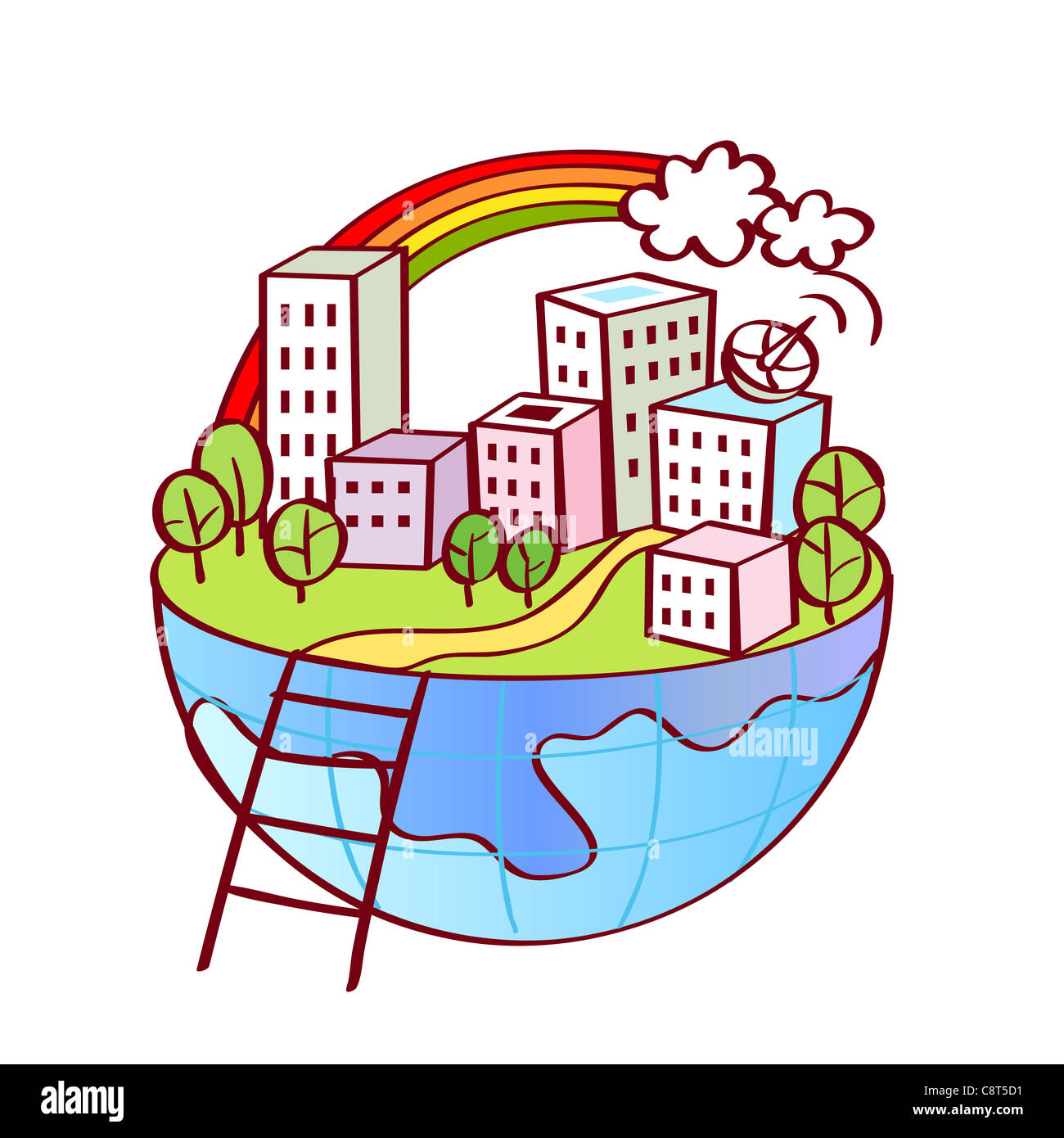 Illustration of buildings on globe Stock Photo - Alamy