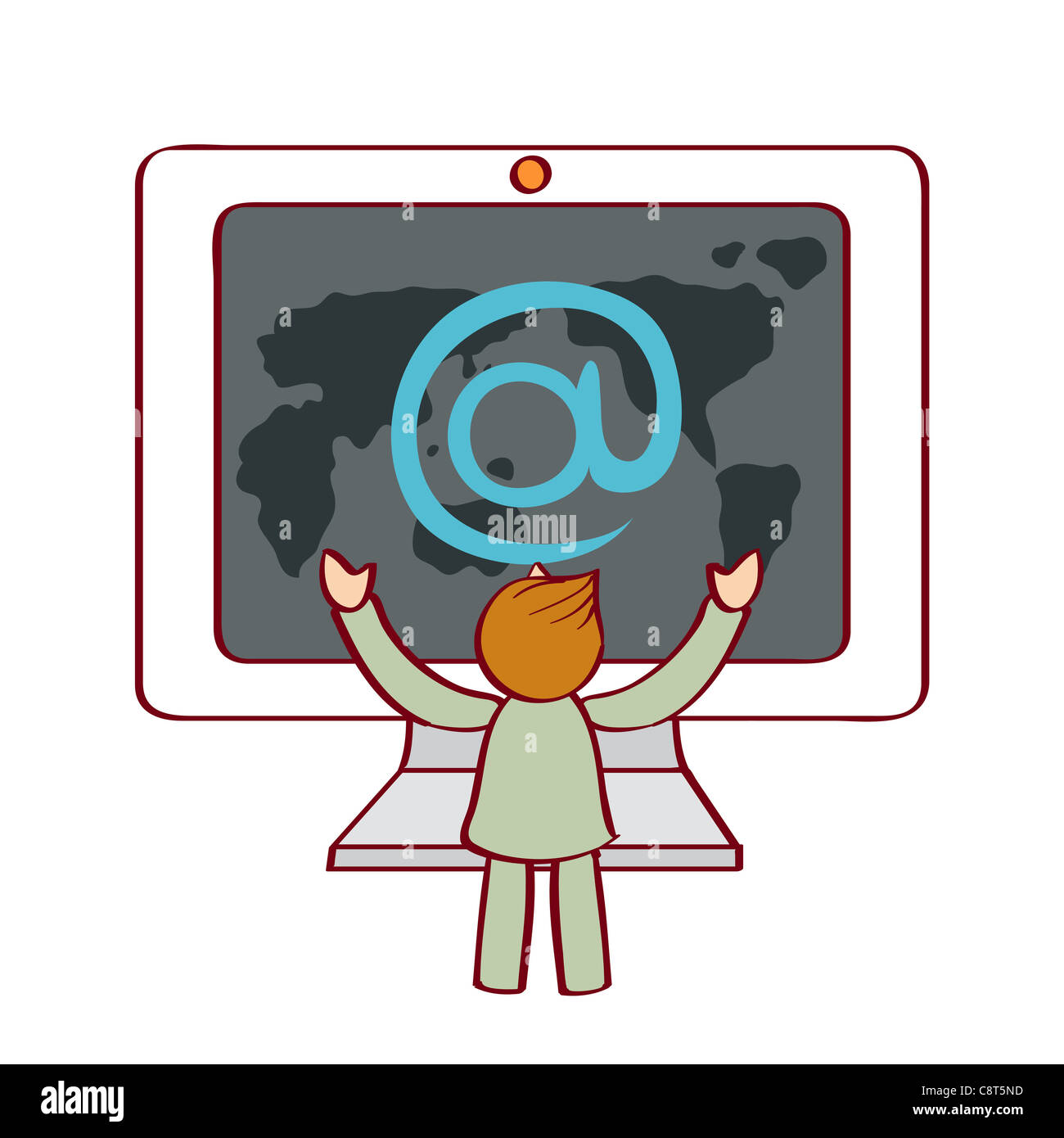 Rear view of businessman with arms raised against screen showing 'At ...