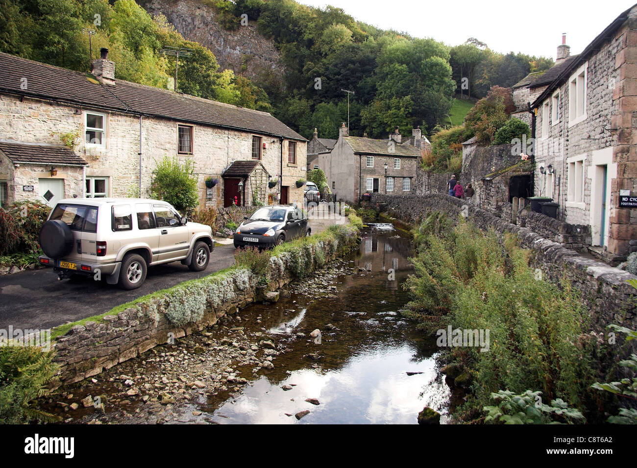 Stream and Old miner's Cottages, Castleton, Peak District, Derbyshire ...