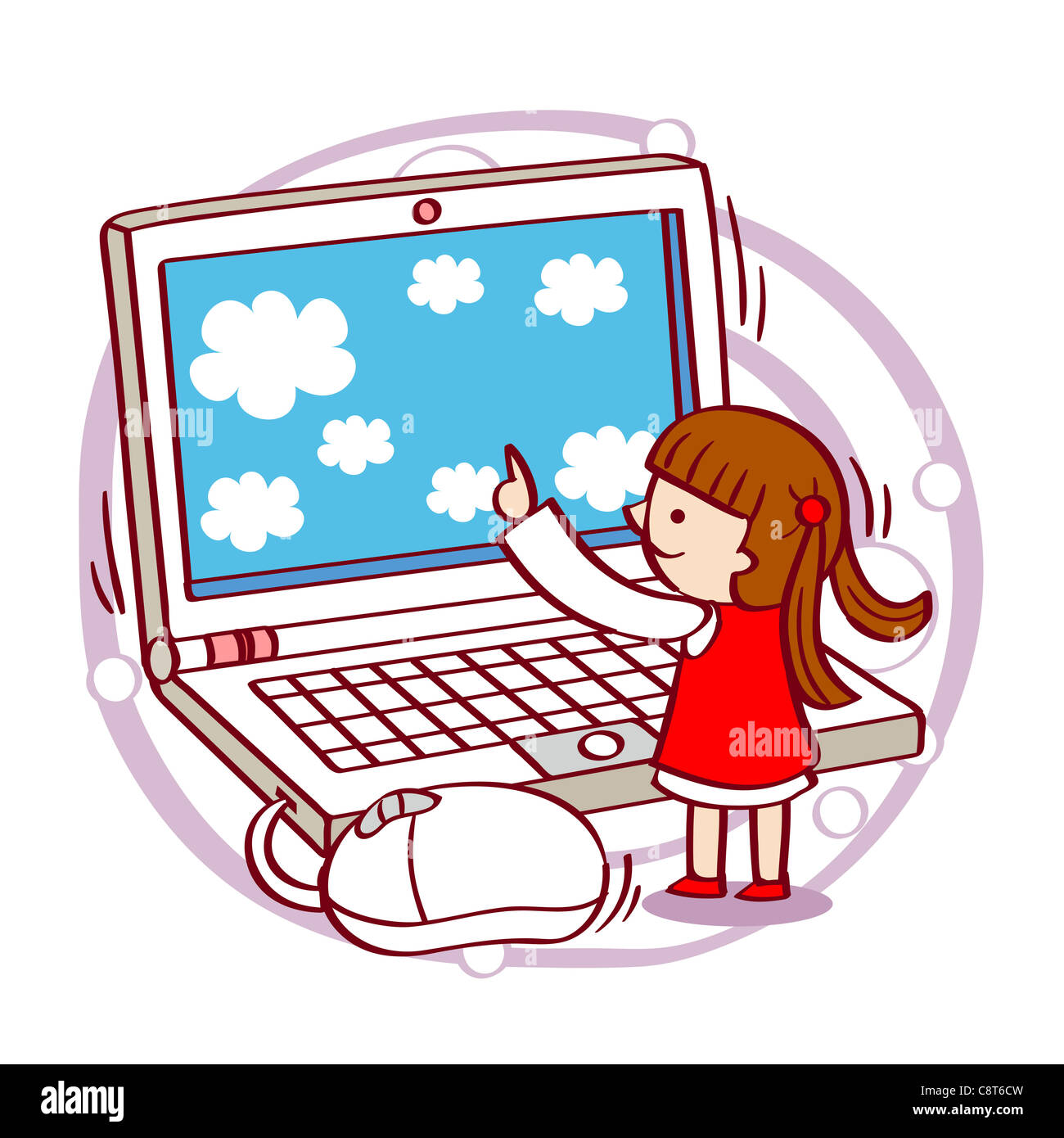 Illustration of girl pointing at computer screen Stock Photo - Alamy