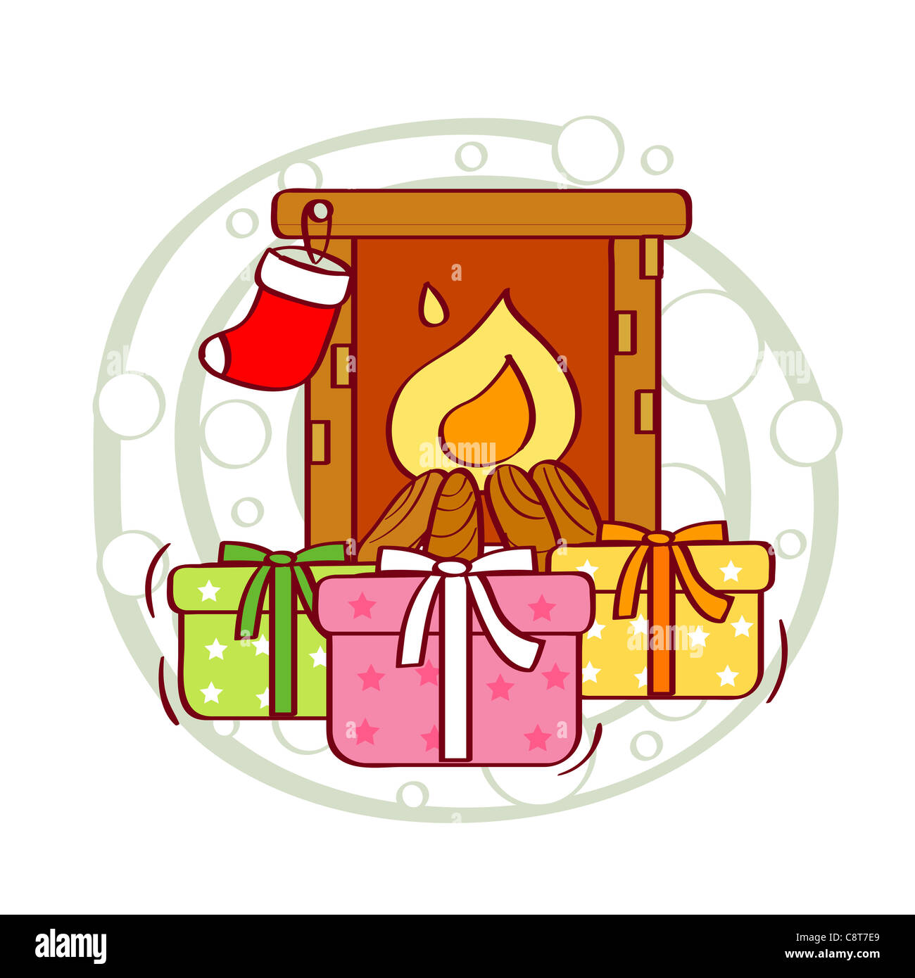 Illustration of fireplace and gift boxes Stock Photo - Alamy