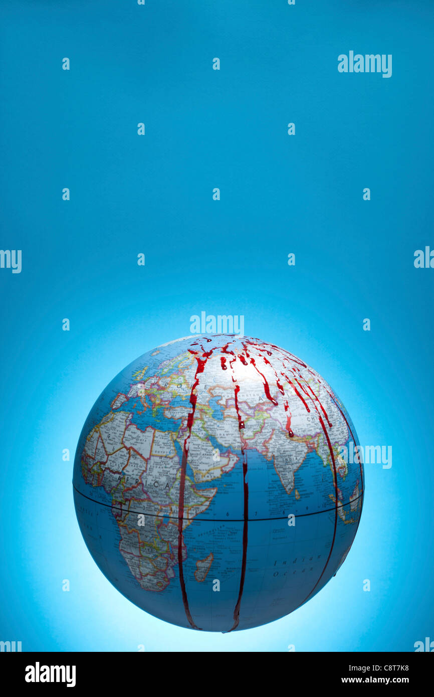 Globe And Red Blood With Blue Background Stock Photo - Alamy