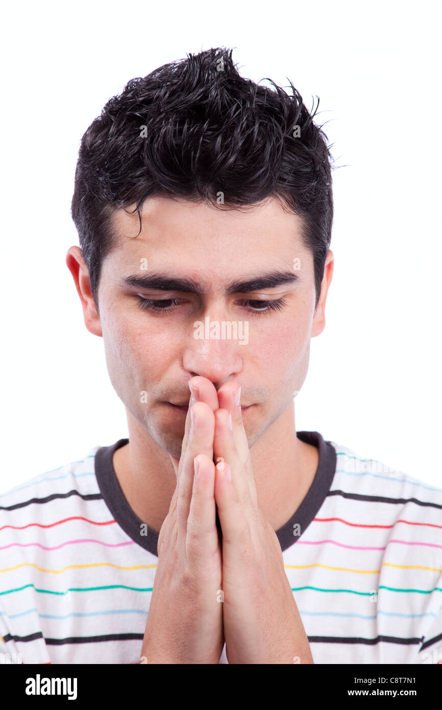 Young man praying (isolated on white Stock Photo - Alamy