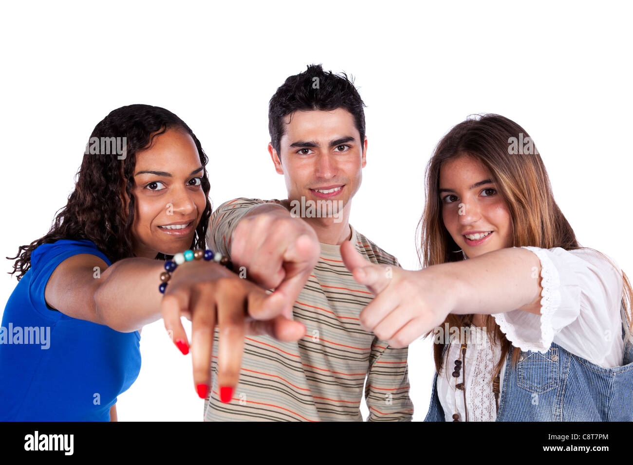Three happy pointing to you (isolated on white Stock Photo - Alamy
