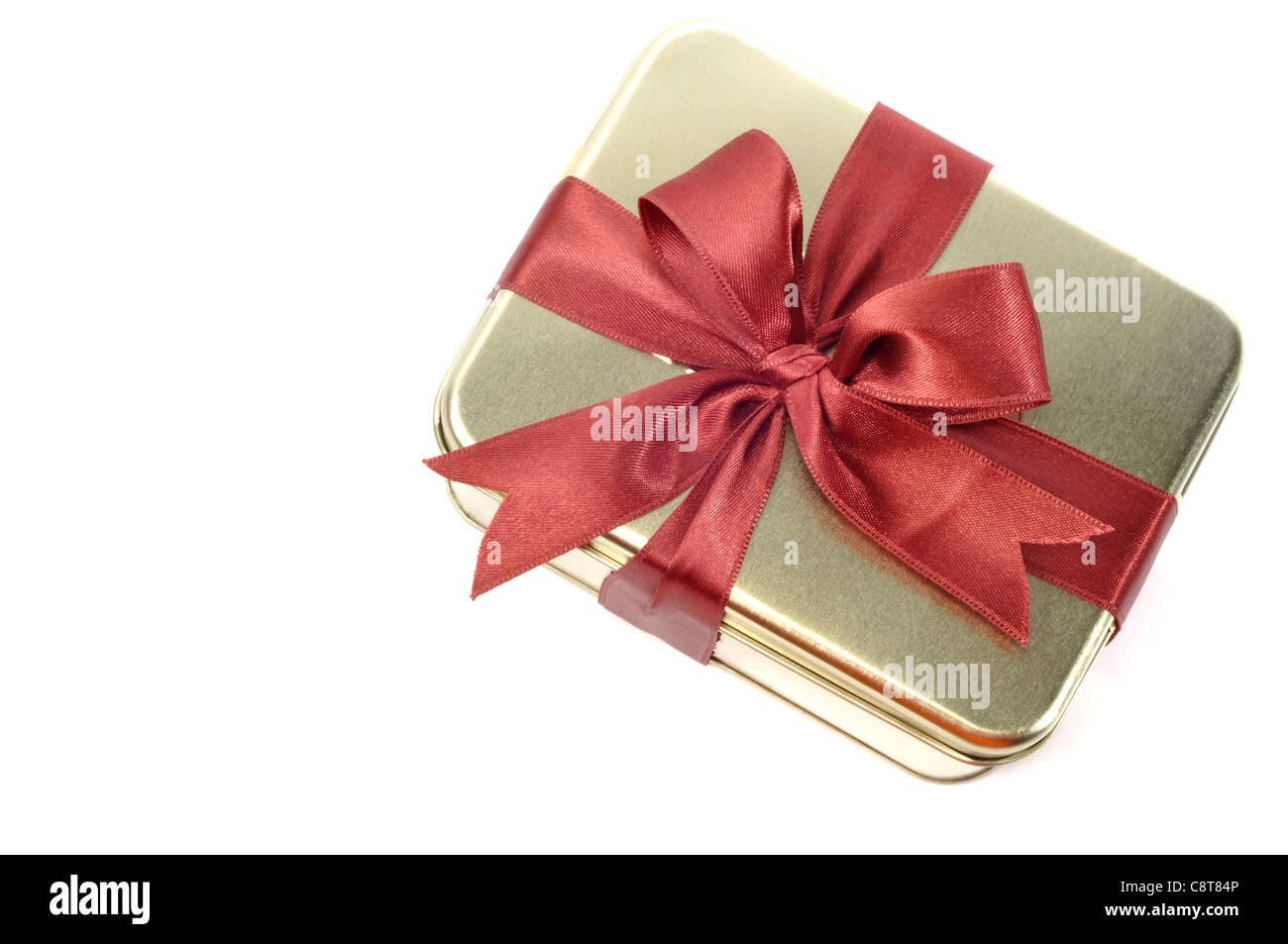 Steel metal gift box with red ribbon, on a white background Stock Photo ...