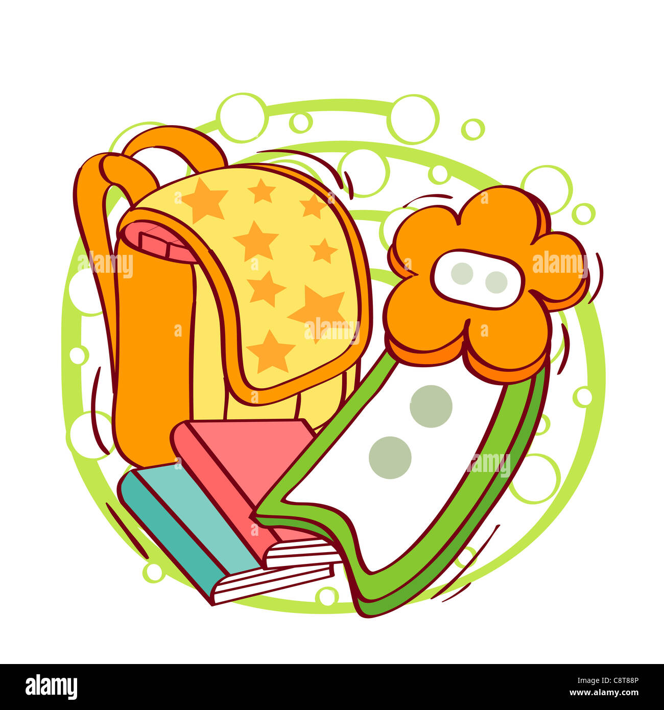 Illustration of books and bag with badge Stock Photo - Alamy